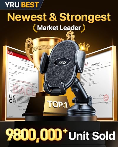 YRU [2024 Upgraded] Universal Car Phone Holder Mount【 360° Rotatable &Strong Suction】 Cell Phone Holder for Car Dashboard Windshield Phone Holder Dash Stand for iPhone 15 14 13 Samsung Truck, Black