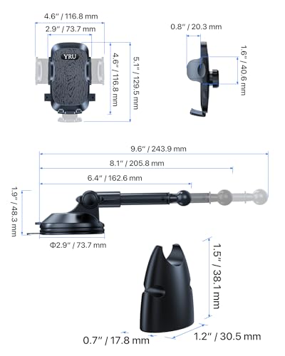 YRU True Military-Grade Car Phone Holder [2024 Upgraded Rotatable Strongest Suction Cup] Cell Phone Mount for Dashboard Windshield Truck Cradle Dash Stand for iPhone 15 14 13 12 Pro Max, Black
