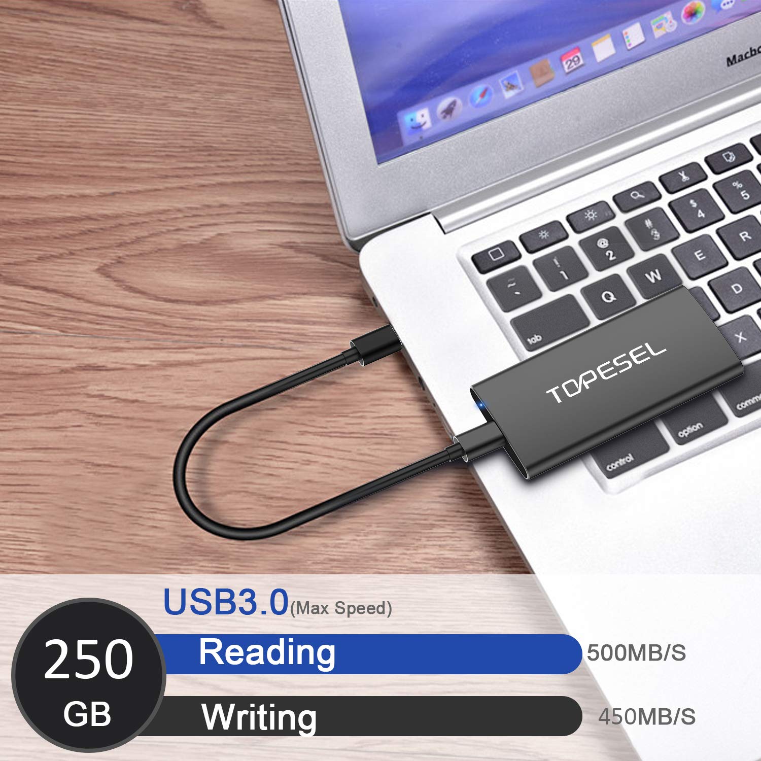 TOPESEL Portable SSD, 250GB High Speed Read up to 500MB/s, External Solid State Drive for PC, Desktop, Laptop, MacBook, Black