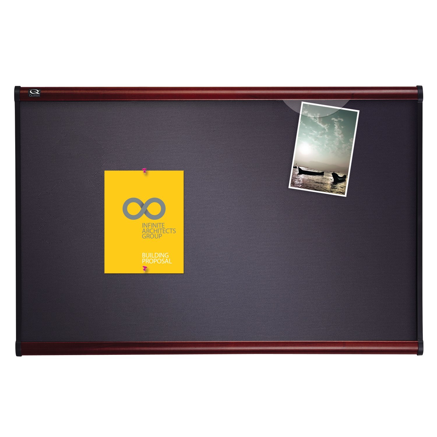 Quartet Prestige Grey Diamond Mesh Fabric Bulletin Board, 4 x 3 Feet, Mahogany Finish Frame (B444M)