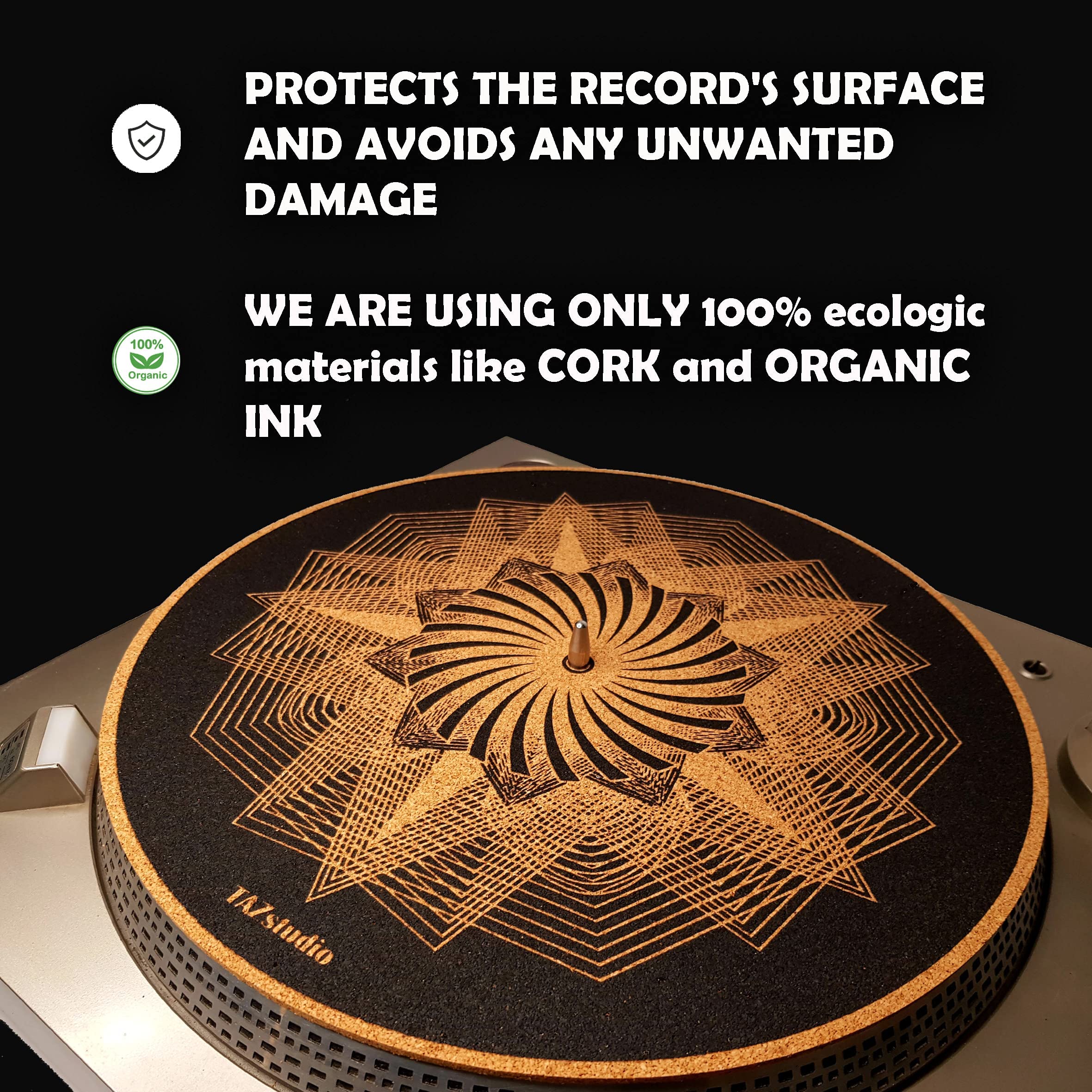 TazStudio Cork Turntable Mat for Better Sound Support on Vinyl LP Record Player - Original Geometric Design Psychedelic Geometric Dot Art (3mm Thick)- m3