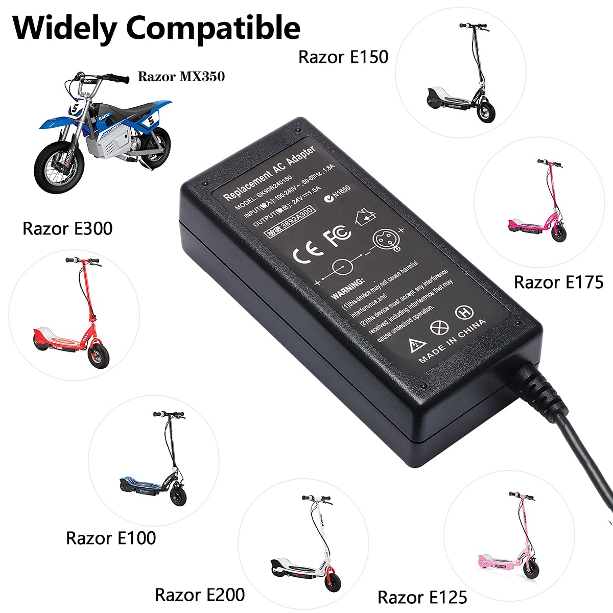 VillaCool 24V 1.5A 36W Battery Charger Standard 3-Prong Inline for Razor MX350 E175 E100 E225 E225S E325S E200 E300 E125 E150 E500 E500S E175 PR200 E100S E300S Electric Scooter Power Supply Cord