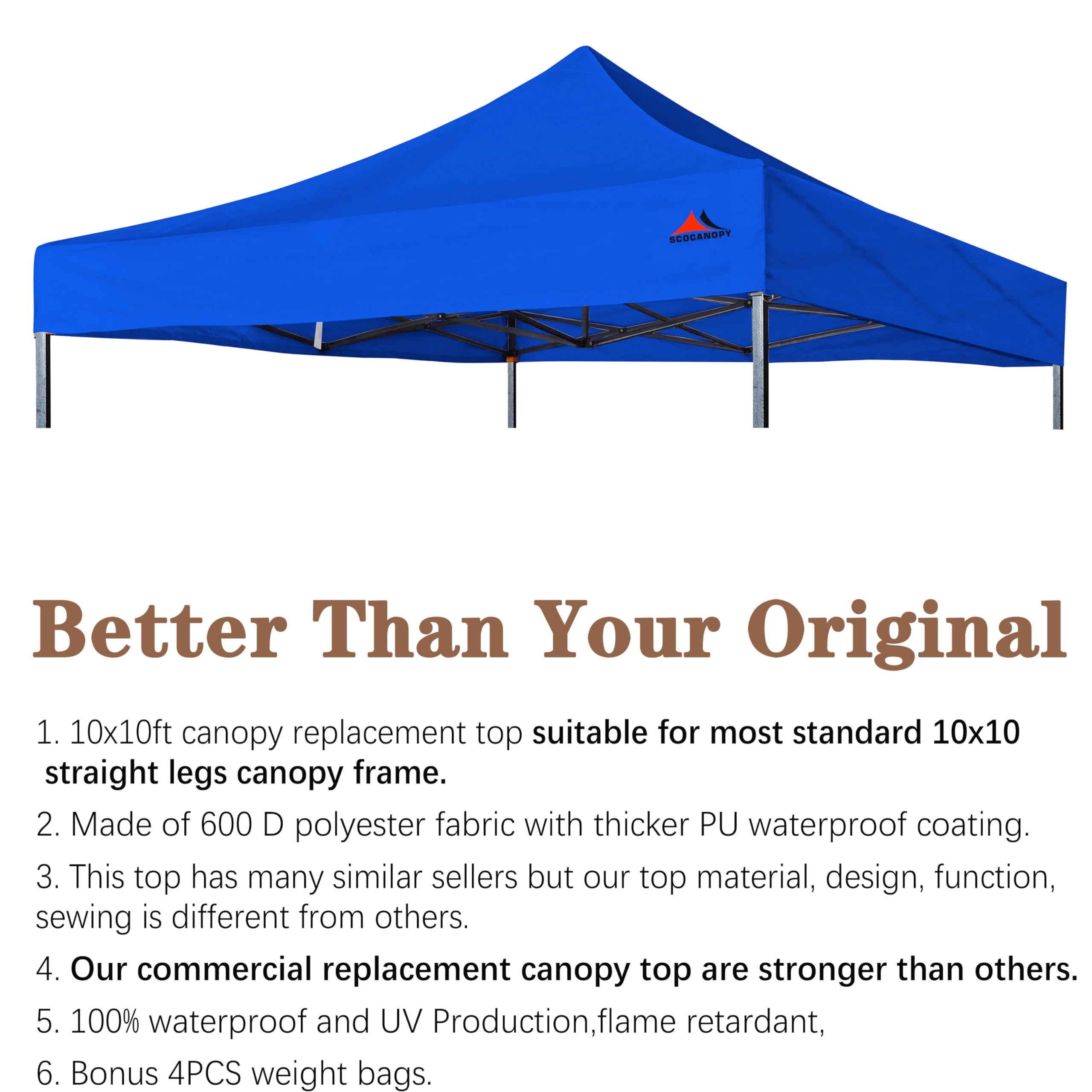 SCOCANOPY 10x10 Canopy Replacement Top,Canopy Cover ONLY,Bonus 4 Pack Weight, (Blue)