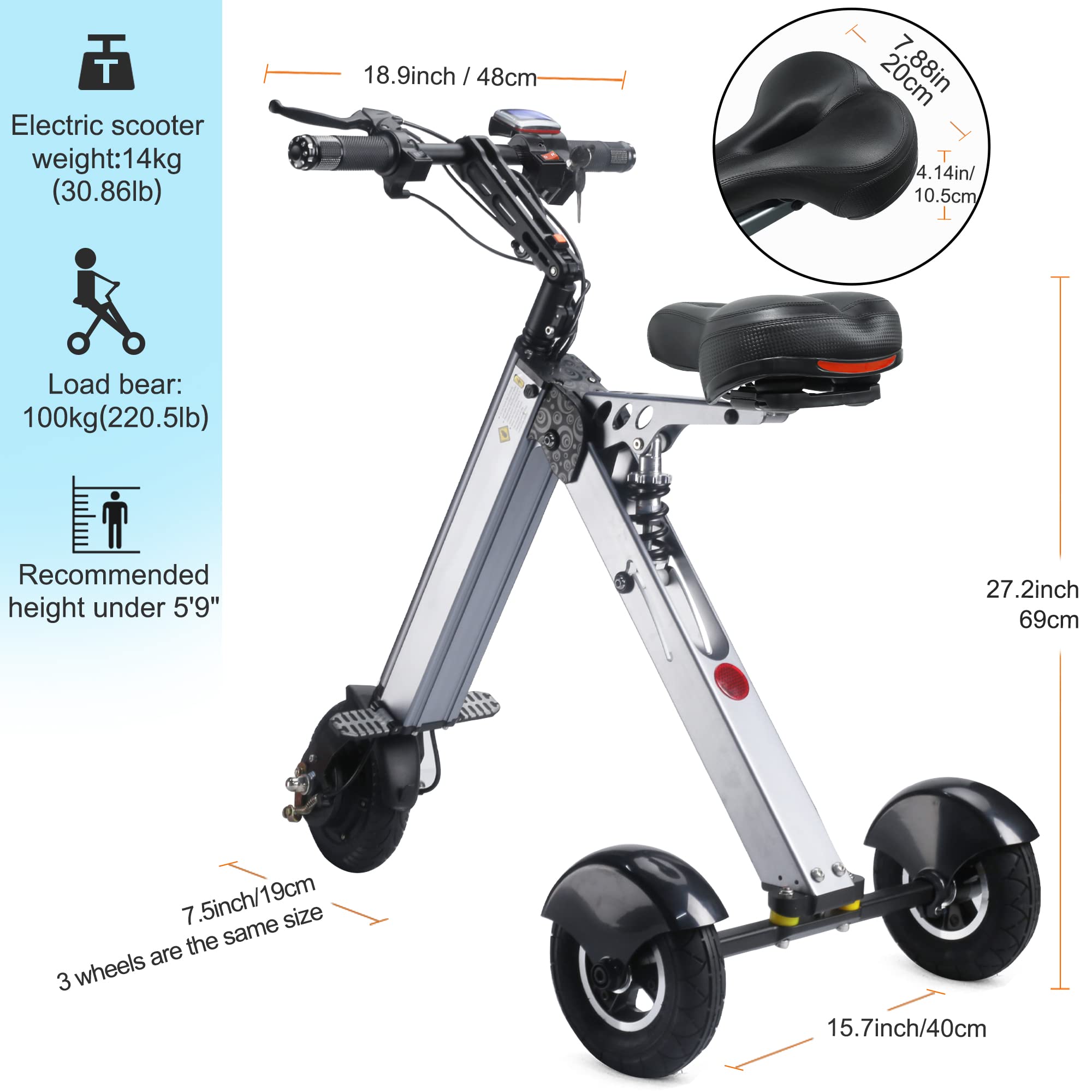 TopMate ES31 Foldable Electric Tricycle, Electric Scooter with Reverse Function and Screen Display, Key Switch and 3 speeds Folding Electric Trike, Lightweight Scooter for Travel