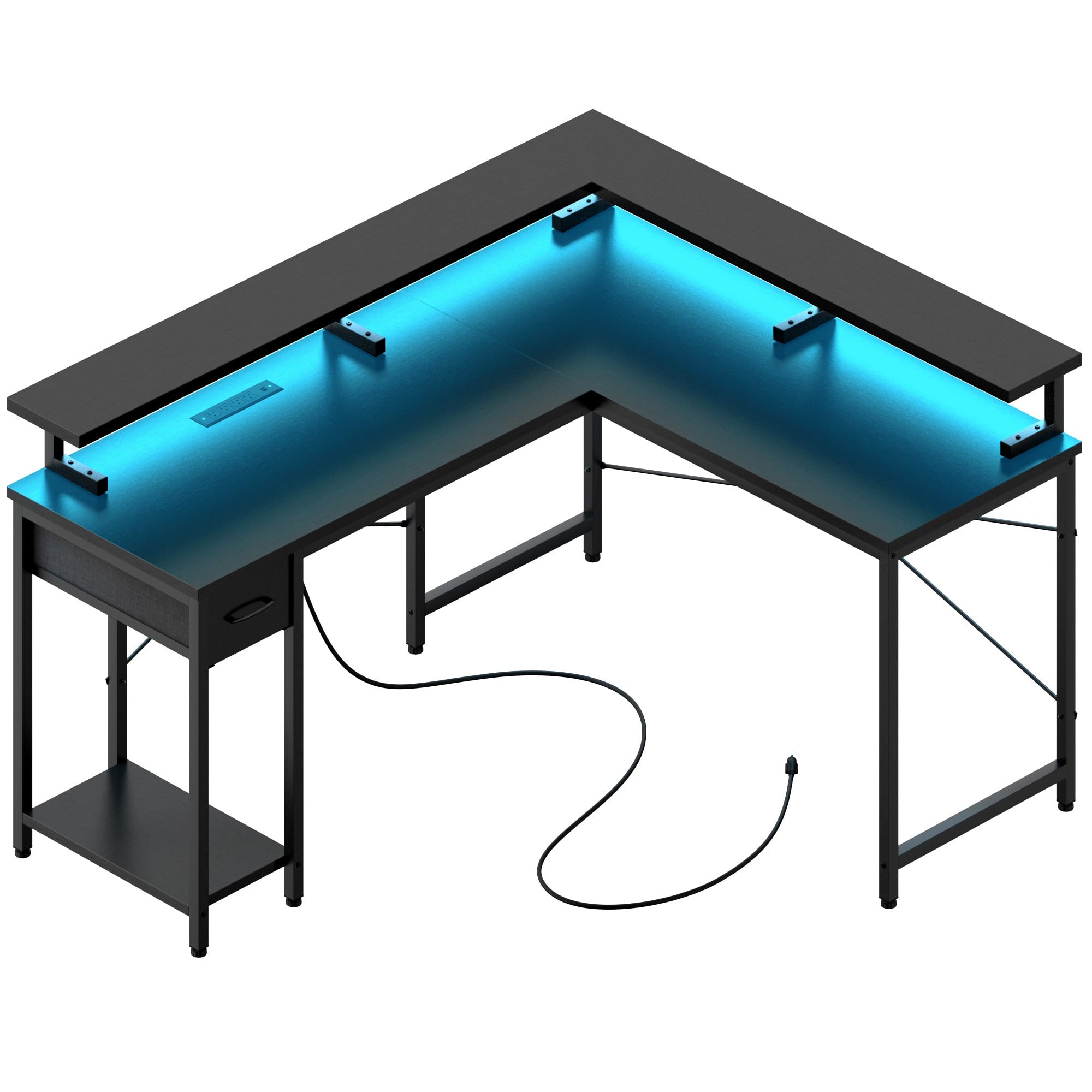 RAGIFEN L Shaped Desk with Power Outlets & LED Strips, L Shaped Computer Desk with Drawers, Gaming Computer Desk with Monitor Stands Home Office Desk with CPU Stand, Easy to Assemble, Black