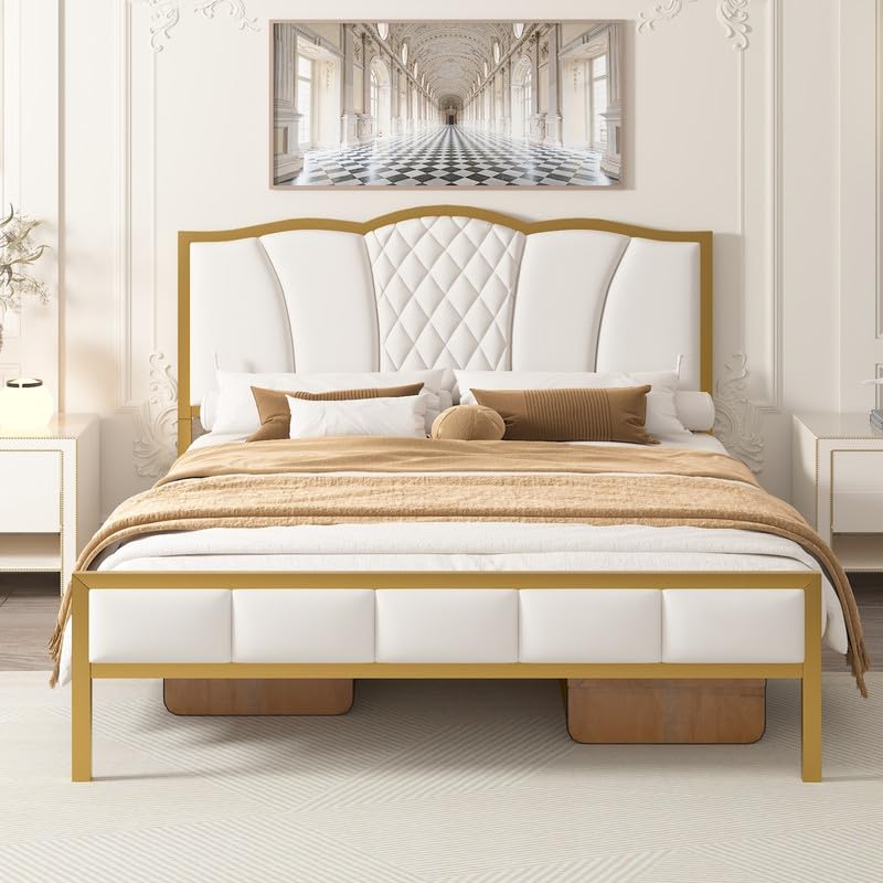 Queen Size Bed Frame, with Tufted Headboard, Golden Metal Platform Bed Frame with Wood Slat Support, Noise Free, No Box Spring Needed,Beige