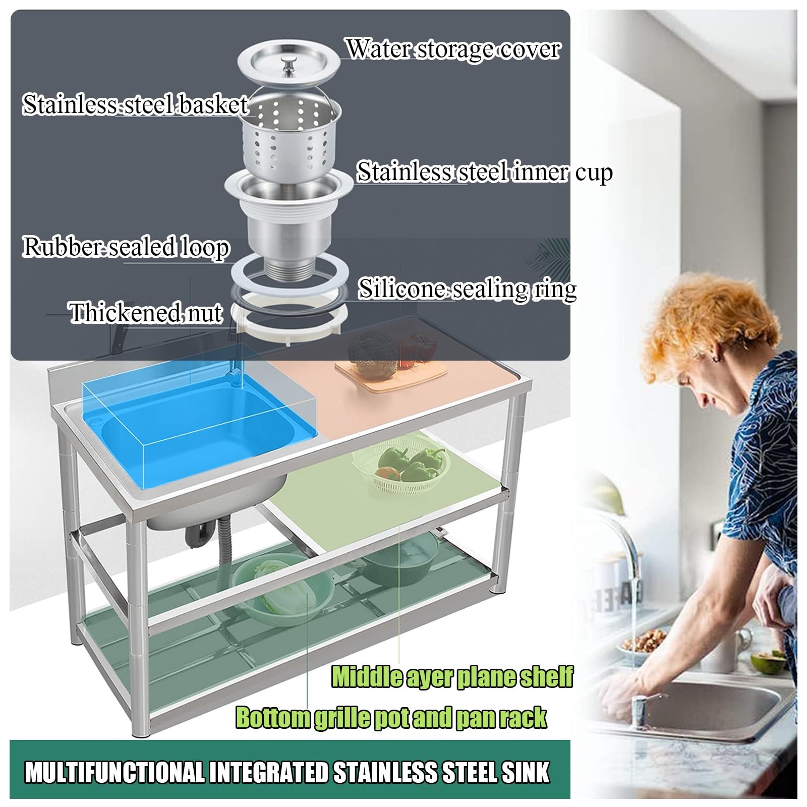 SEYFI Kitchen Sinks Outdoor Free Standing,Bowl,with Drainboard, U-Tility Prep Station Sink, Laundry Tub, Free Standing Stainless for Commercial Restaurant/Left - Hot and Cold/Left - Hot and Cold/120C