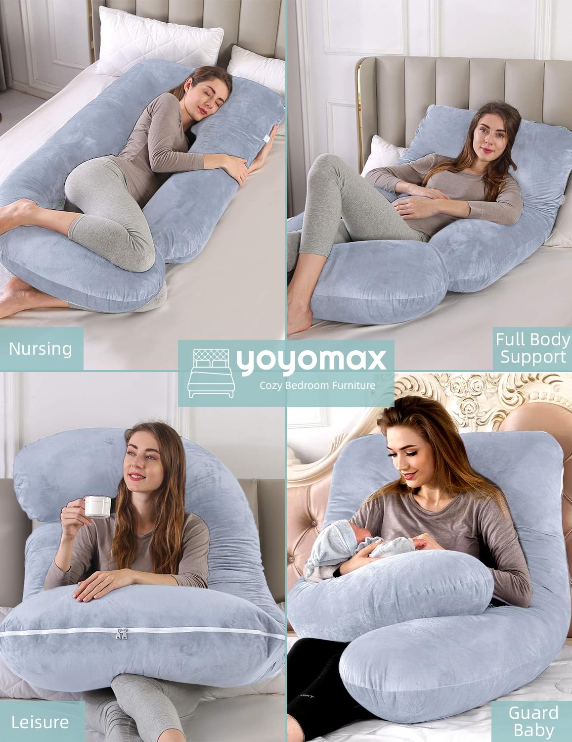 yoyomax U-Shaped Pregnancy Pillows, Memory Foam Pregnancy Pillow Full Body Maternity Pillow with Removable Cover,57 Inch , Pregnancy Pillows for Sleeping-Lakeblue