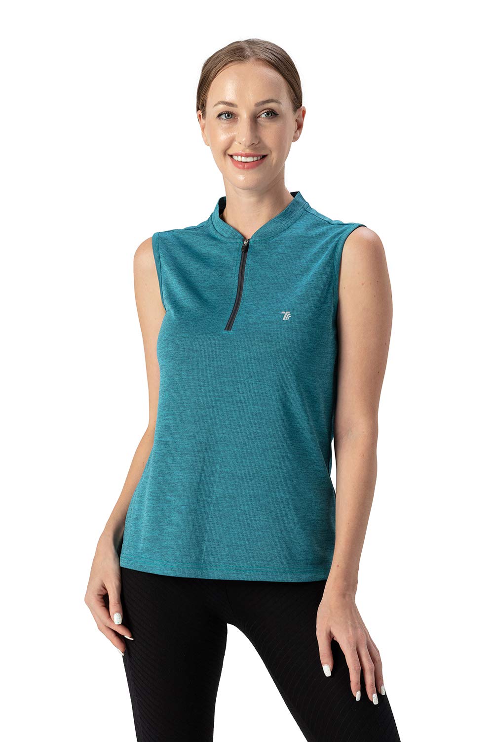 YSENTO Women's Dry Fit Tennis Golf Shirts 1/4 Zip Sleeveless Collarless UPF 50+ Yoga Gym Workout Tops Shirts Dark Blue Size XL
