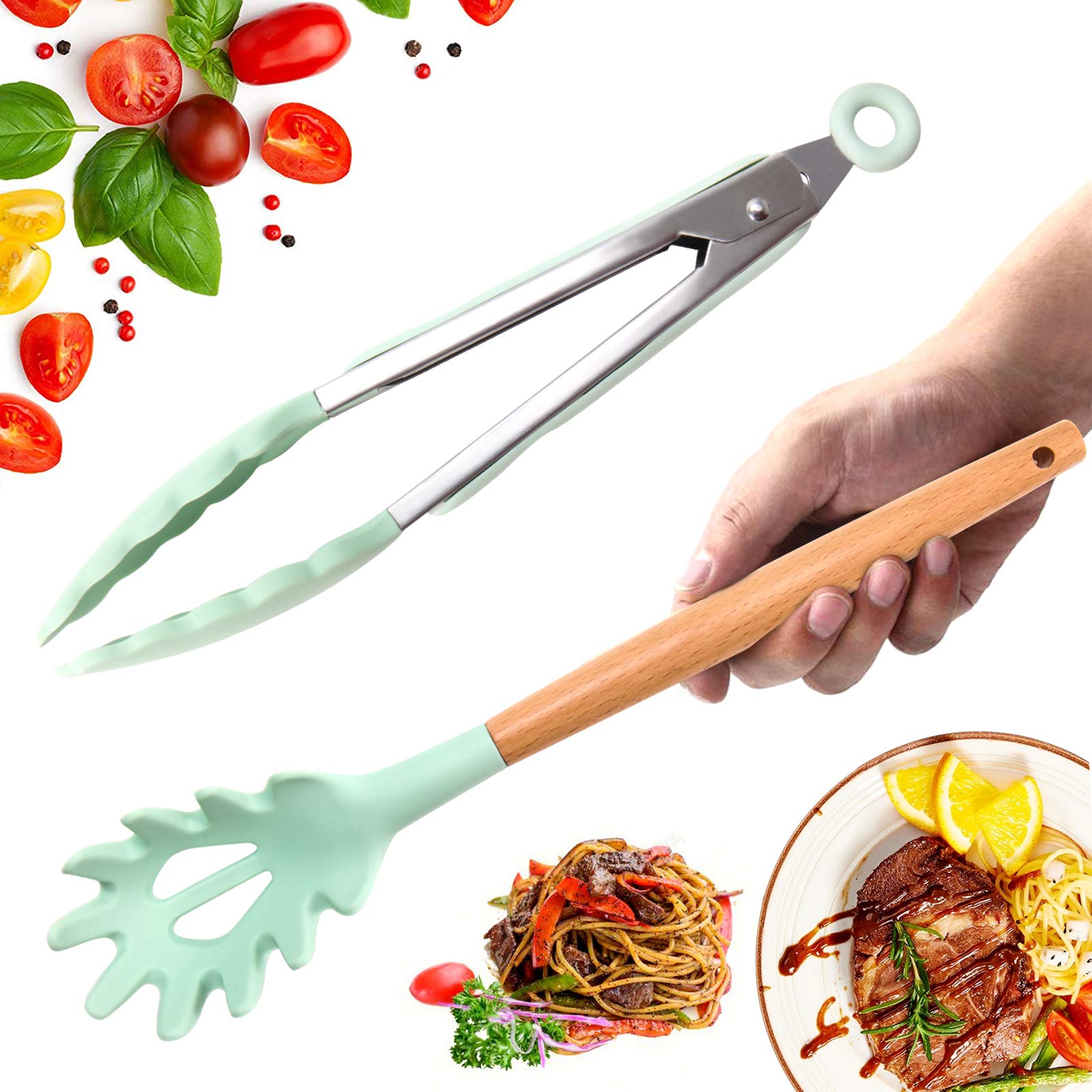 Silicone Pasta Fork, Kitchen Tong, 12.5 Inch Pasta Spoon and 10.6 Inch Spaghetti Pasta Tong Spaghetti Server Set, Best Heat Resistant Serving Kitchen Baking Cooking Tools 2PC