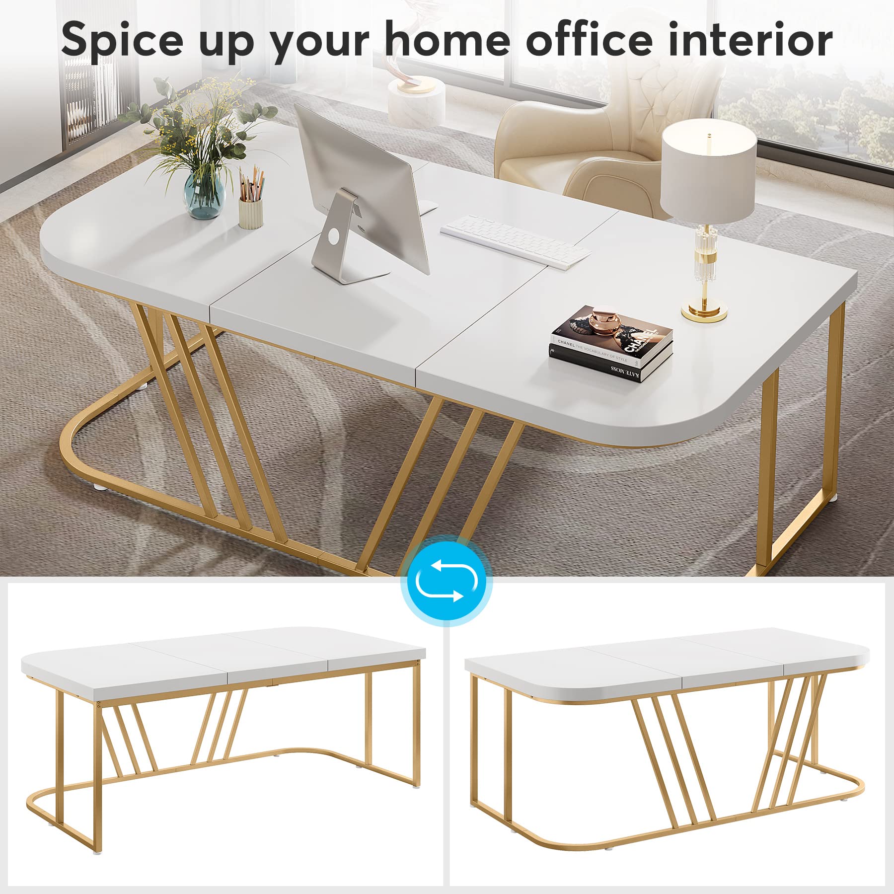 Tribesigns 63" Executive Desk, Large Home Office Desk with Metal Frame, Modern Wood Study Writing Computer Desk Conference Table for Home Office, White & Gold