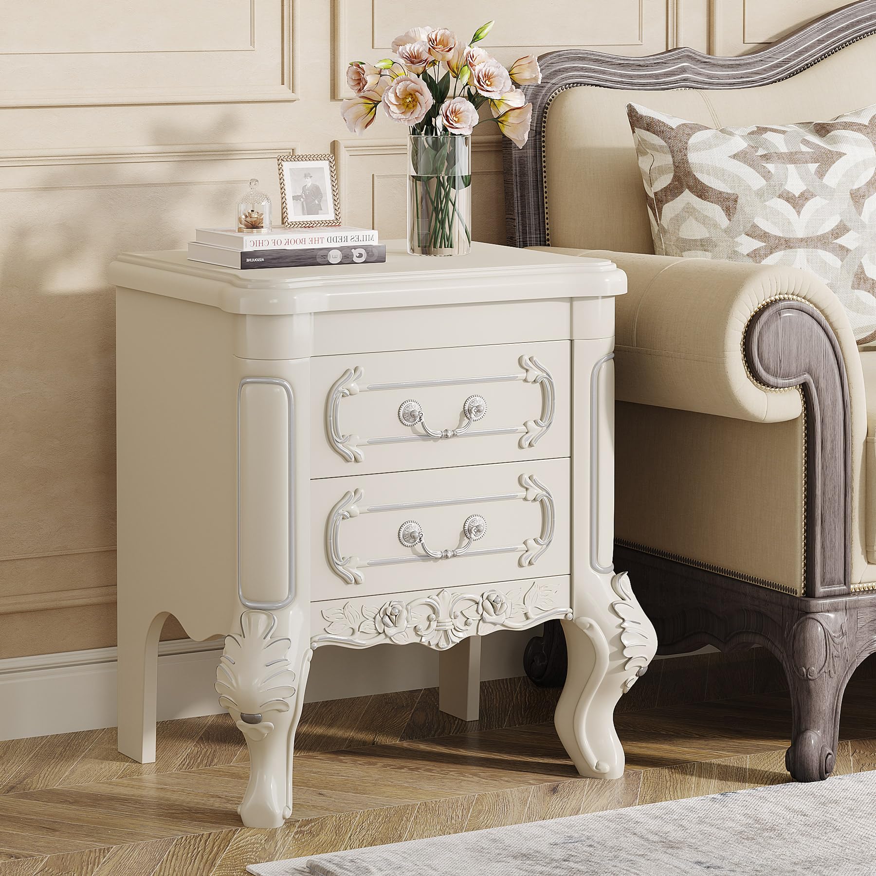 Tribesigns White Nightstand, End Table with 2 Drawers, Carved Bedside Tables, Side Table for Bedroom, Living Room, Classic Bedroom Furniture, Night Stand(1PC