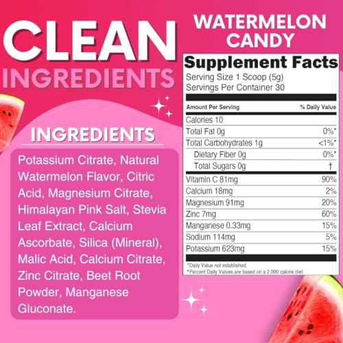 Zero Sugar - Watermelon Candy Electrolytes Powder - Refreshing Hydration - Caffeine Free Energy with All Natural Ingredients - Vegan, Keto and Paleo - Sugar Free Electrolytes Drink Mix - 30 Servings