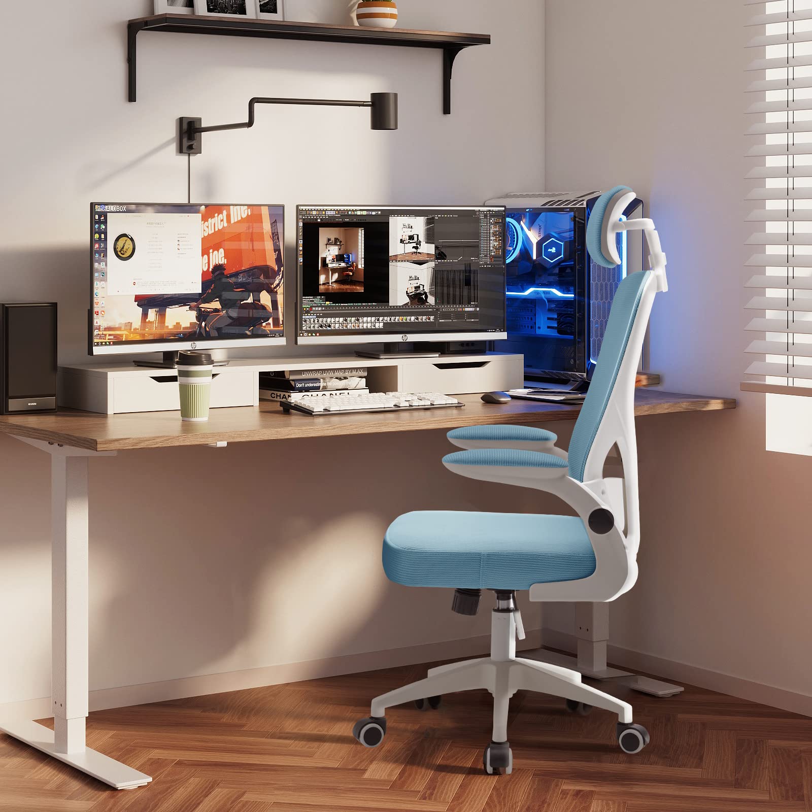 QUICK HORSE Ergonomic Office Chair, High Back Office Desk Chair with Adjustable Headrest and Neckrest, Swivel Computer Mesh Chair, for Office, Home and Study Room(White Green)
