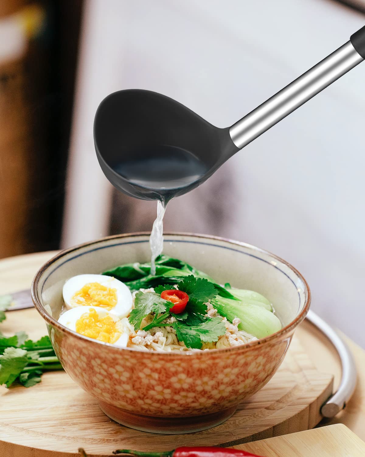 Silicone Pasta Fork and Soup Ladle Set, Non-Stick BPA Free Heat-Resistant Handy Kitchen Utensils for Cooking, Serving, Draining, Stirring (Black)
