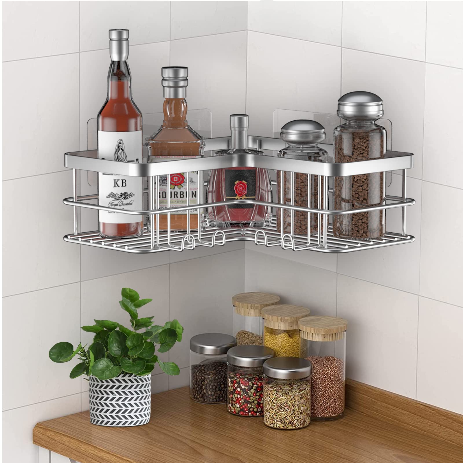 Yazoni Corner Shower Caddy, Adhesive Shower Shelves No Drilling [2-Pack], Rustproof Stainless Steel Bathroom Shower Organizer with 8 Hooks, Shower Shelf for Inside Shower (Silver)