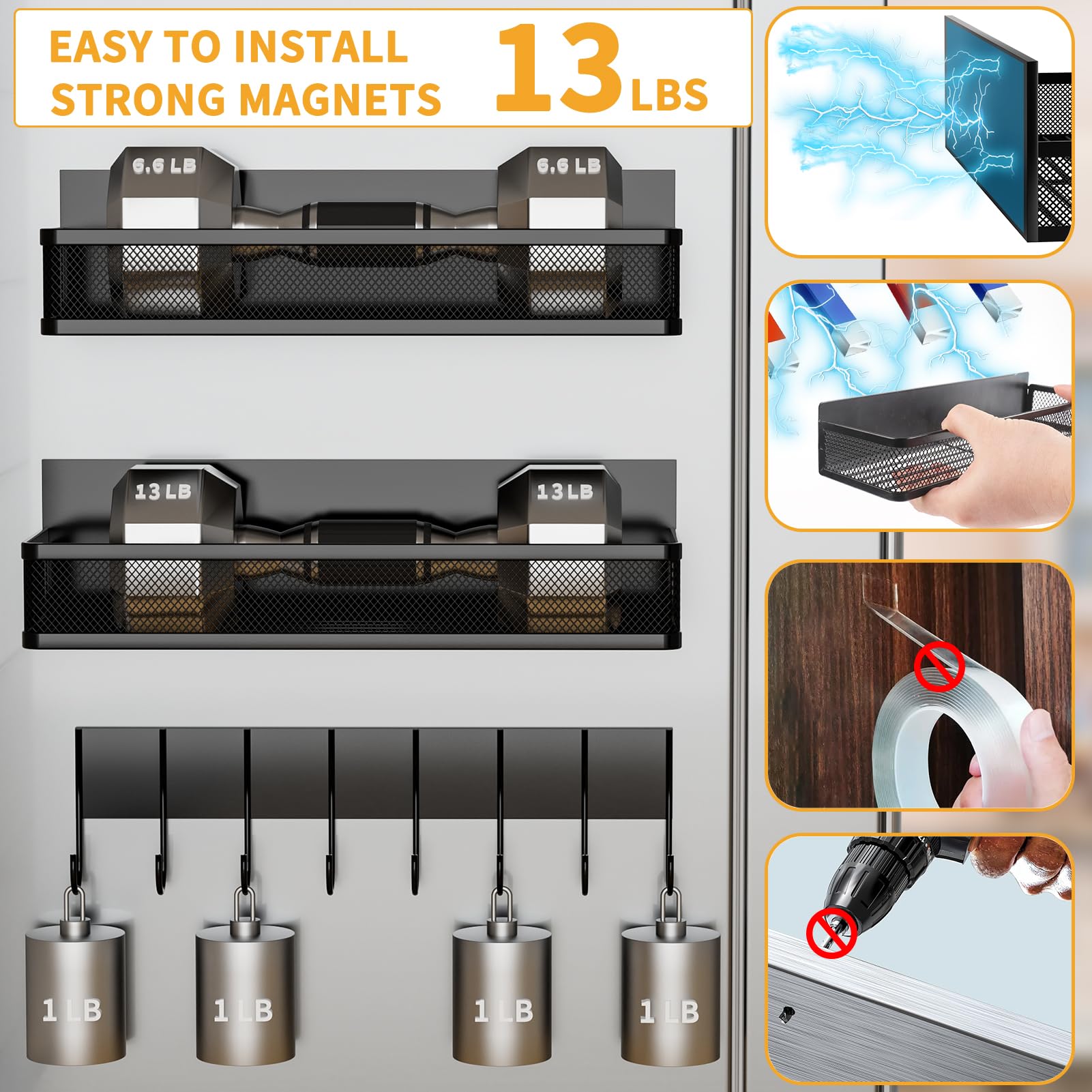 YUANYE Spice Rack for Refrigerator, 9PCS Magnetic Storage Rack with 3 Strong Holders, 13lbs Capacity, Modern Black Design, Incl 2 Paper Towel Holders, 4 Removable Hooks