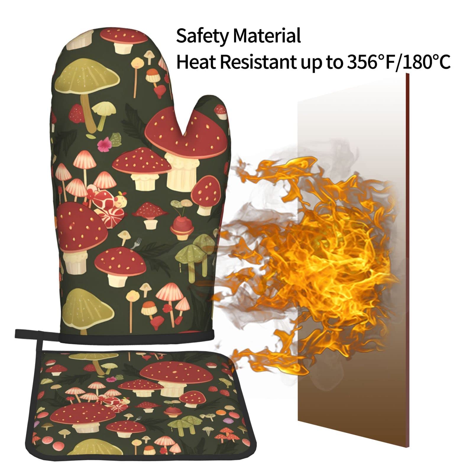 Vintage Mushroom Oven Mitts and Pot Holders Sets of 2, Non-Slip Cooking Hot Pads Washable Heat Resistant for Kitchen Microwave BBQ Baking Grilling