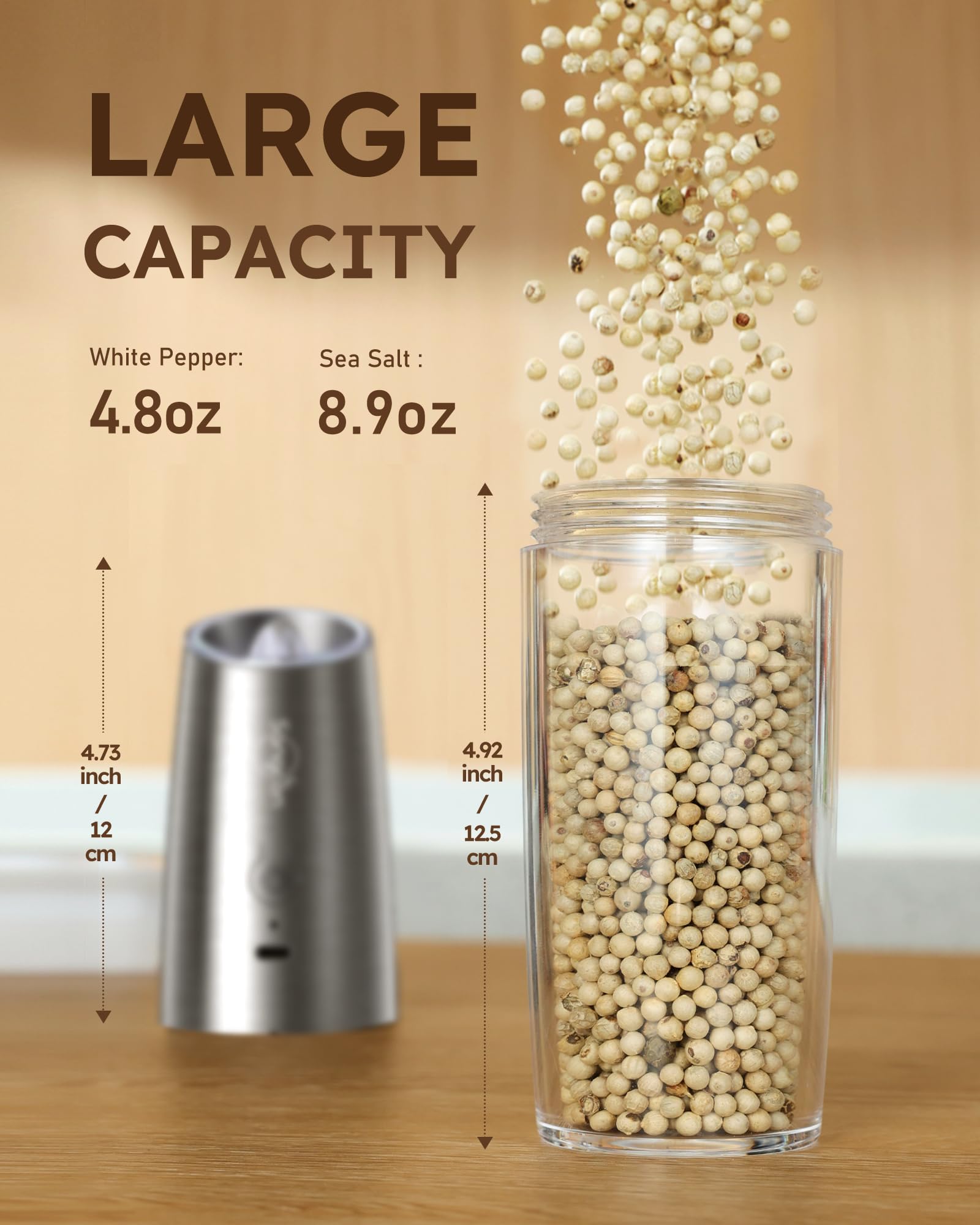 Sangcon Gravity Electric Salt and Pepper Grinder Set Shaker ππ©π π«ππππ Rechargeable 9oz XL Capacity - USB-C No Battery Needed One Hand Operation Adjustable Coarsenes Automatic Mill