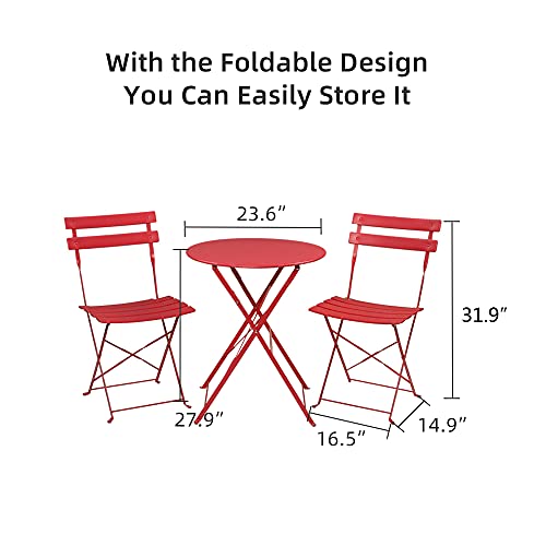 VINGLI Steel Patio Bistro Set, 3 Piece Folding Outdoor Patio Furniture Sets, Folding Patio Round Table and Chairs(Red)