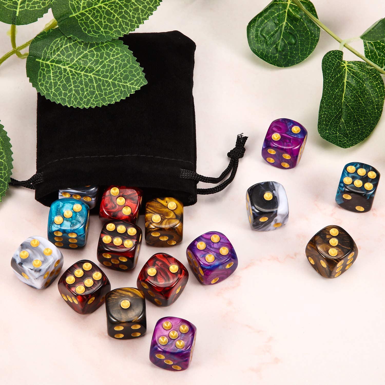 TecUnite 25 Pieces Polyhedral Dice Set 6 Sided Game Dice Set with Black Pouch for Table Games (Marble Color)