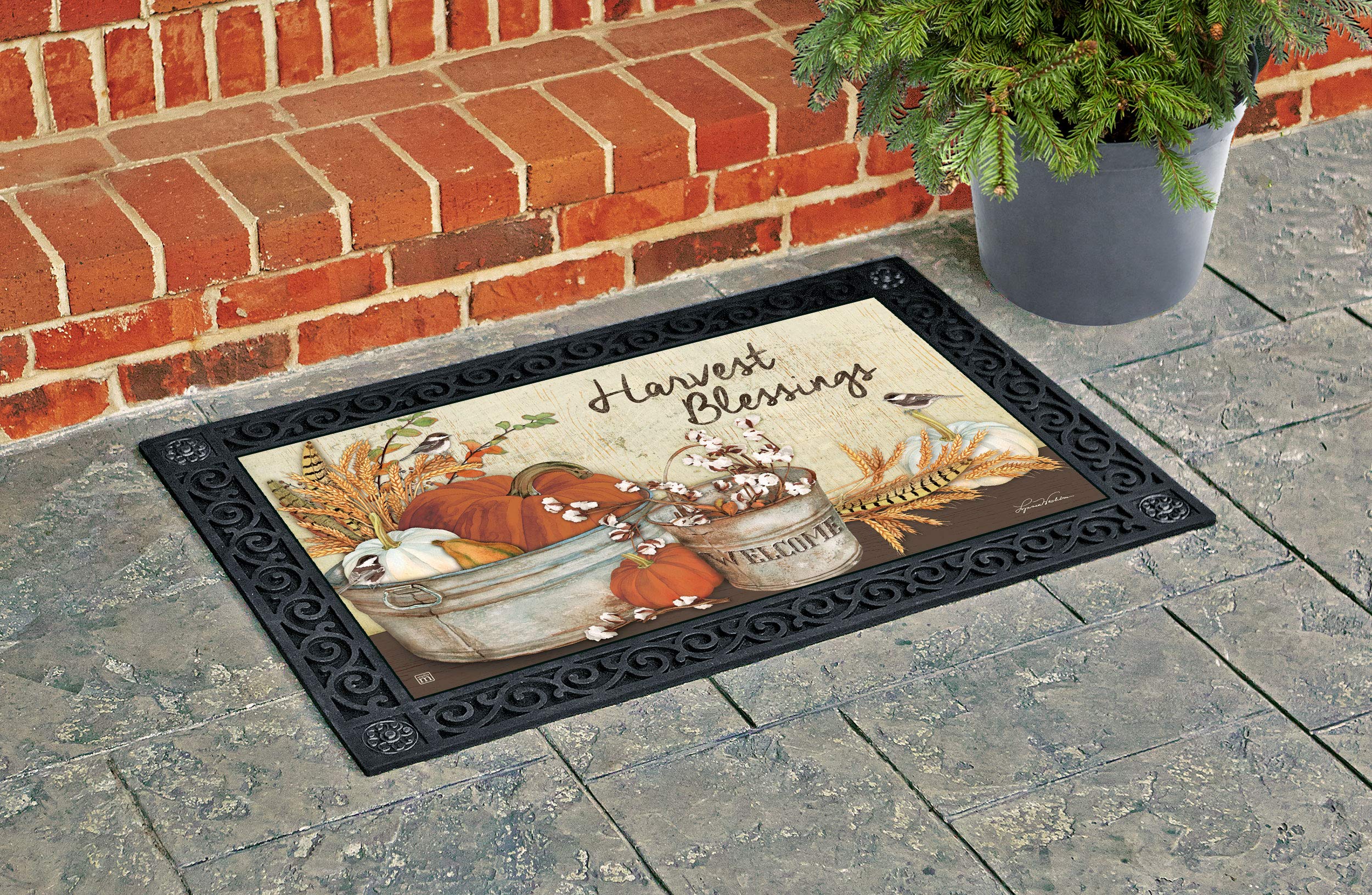 Studio M MatMates Farmhouse Pumpkins Fall Harvest Decorative Floor Mat Indoor or Outdoor Doormat with Eco-Friendly Recycled Rubber Backing, 18 x 30 Inches