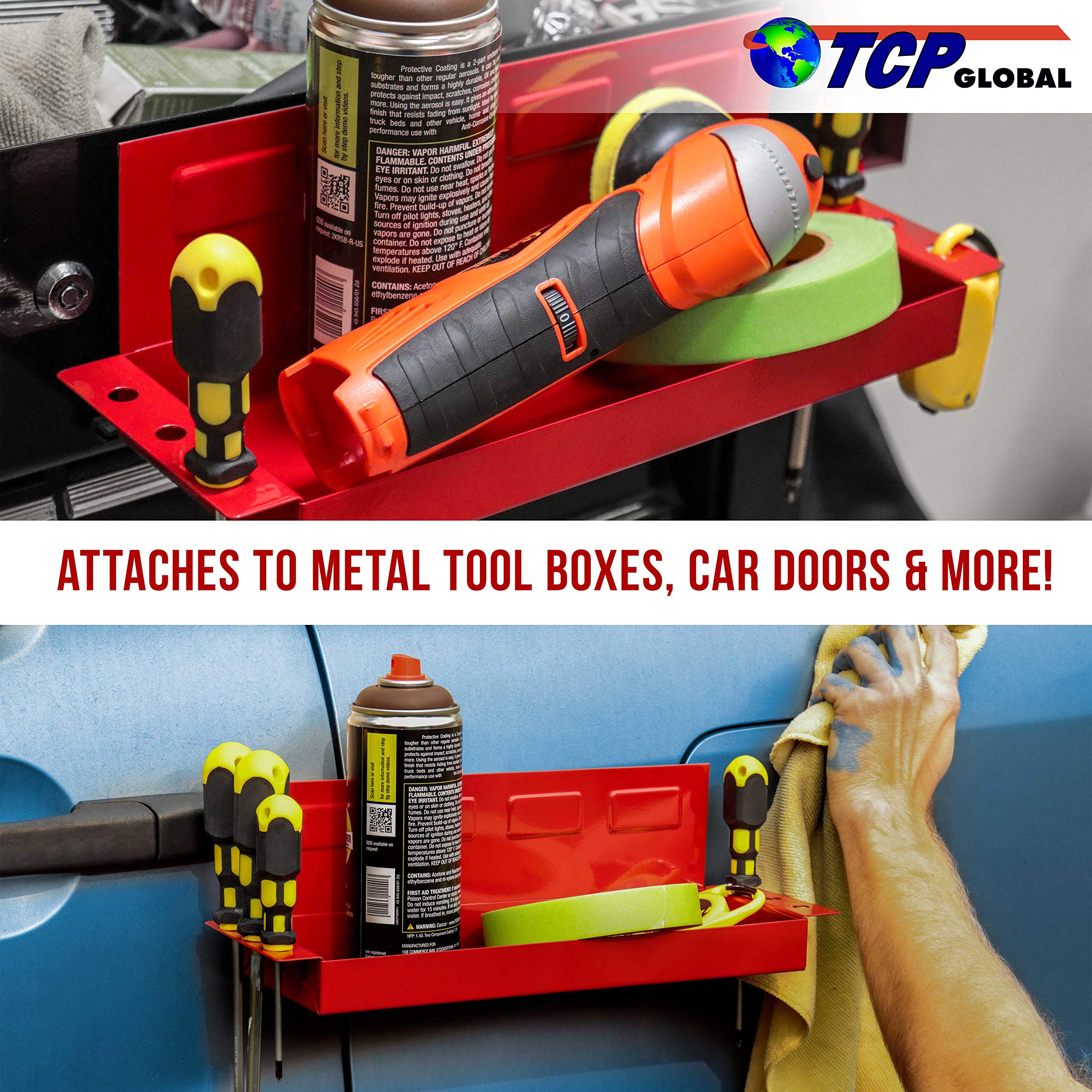 TCP Global 12" Magnetic Tool Box Tray with Screwdriver Holder - Steel Storage Shelf Bin, Holds 6 Screwdrivers, Store Hand Tools, Auto Parts - Attach to Wall, Chest, Cabinet - For Shop, Workshop Garage