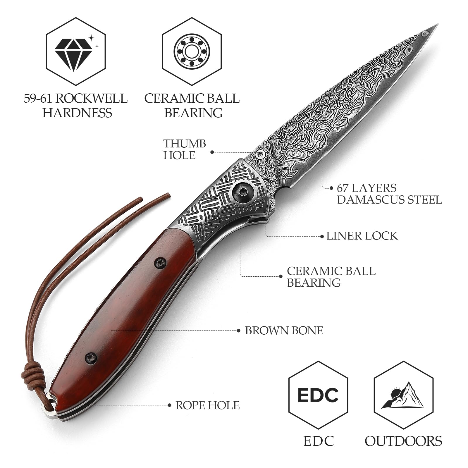 TRIVISA 3.15" Handmade Damascus Folding Pocket Knife,EDC Knives Gift for Men,Brown Bone Handle,Ceramic Bearings,Thumb Stud, Steel Bolster, Liner Lock.Piscis Austrinus-02B