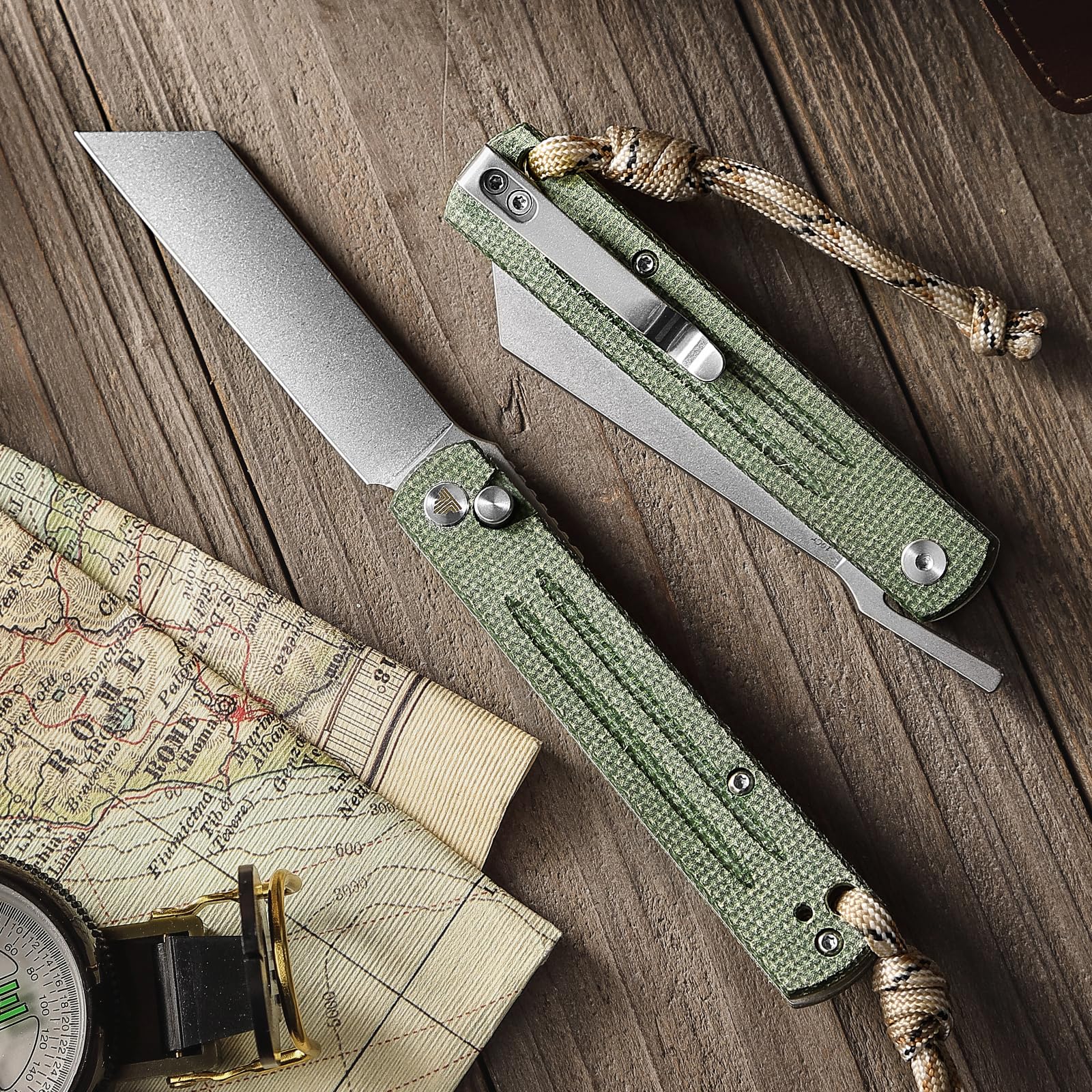 TRIVISA Japanese Higonokami Razor Button Lock Folding Pocket Knife for Men or Women, EDC Tool Camping Outdoor Knives with Pocket Clip,3.2" 10Cr15CoMoV Blade and Micarta Handle Hydra-04G