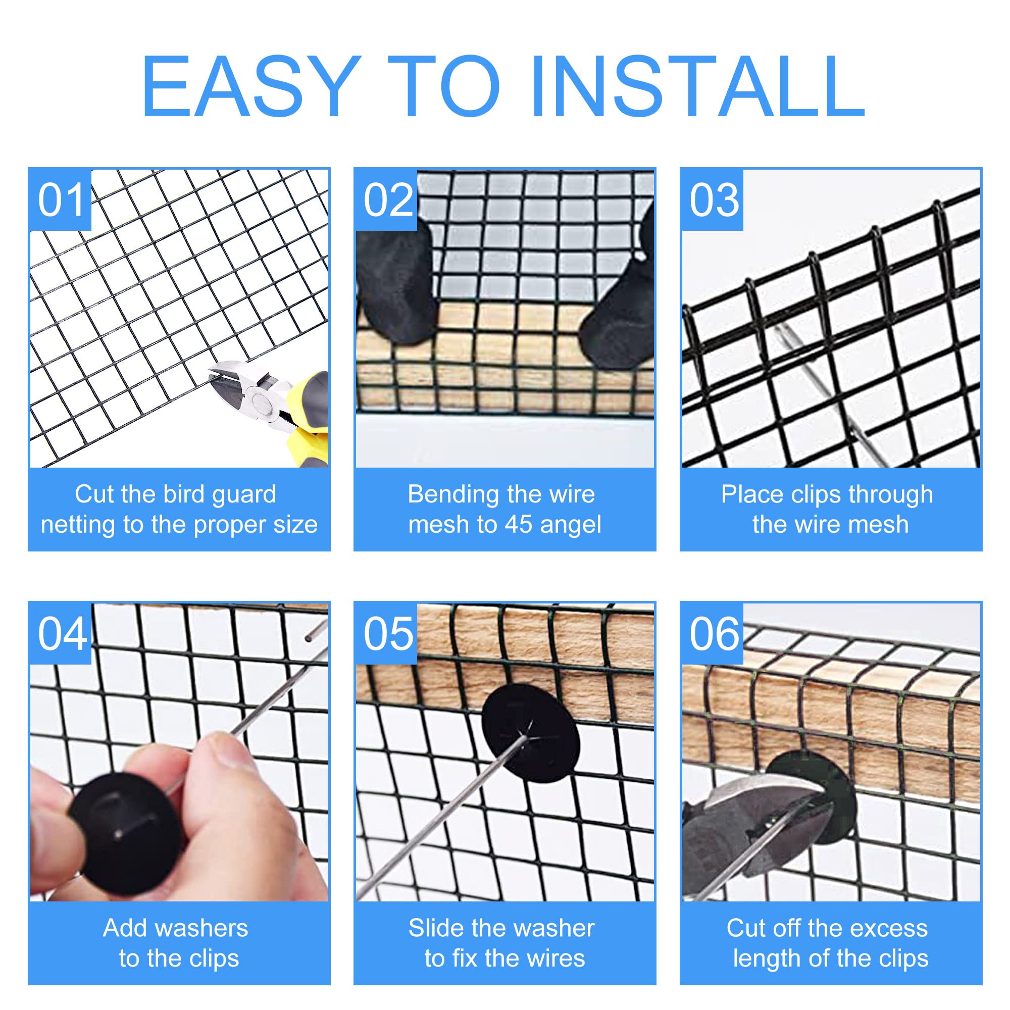 YESON Solar Panel Guard, 8in X 100ft PVC Coated Critter Guard Roll Kit for Solar Panel Wire Screen, Black Pigeon Barrier Netting with 120 Fastener Clips, Cutting Scissor, Gloves