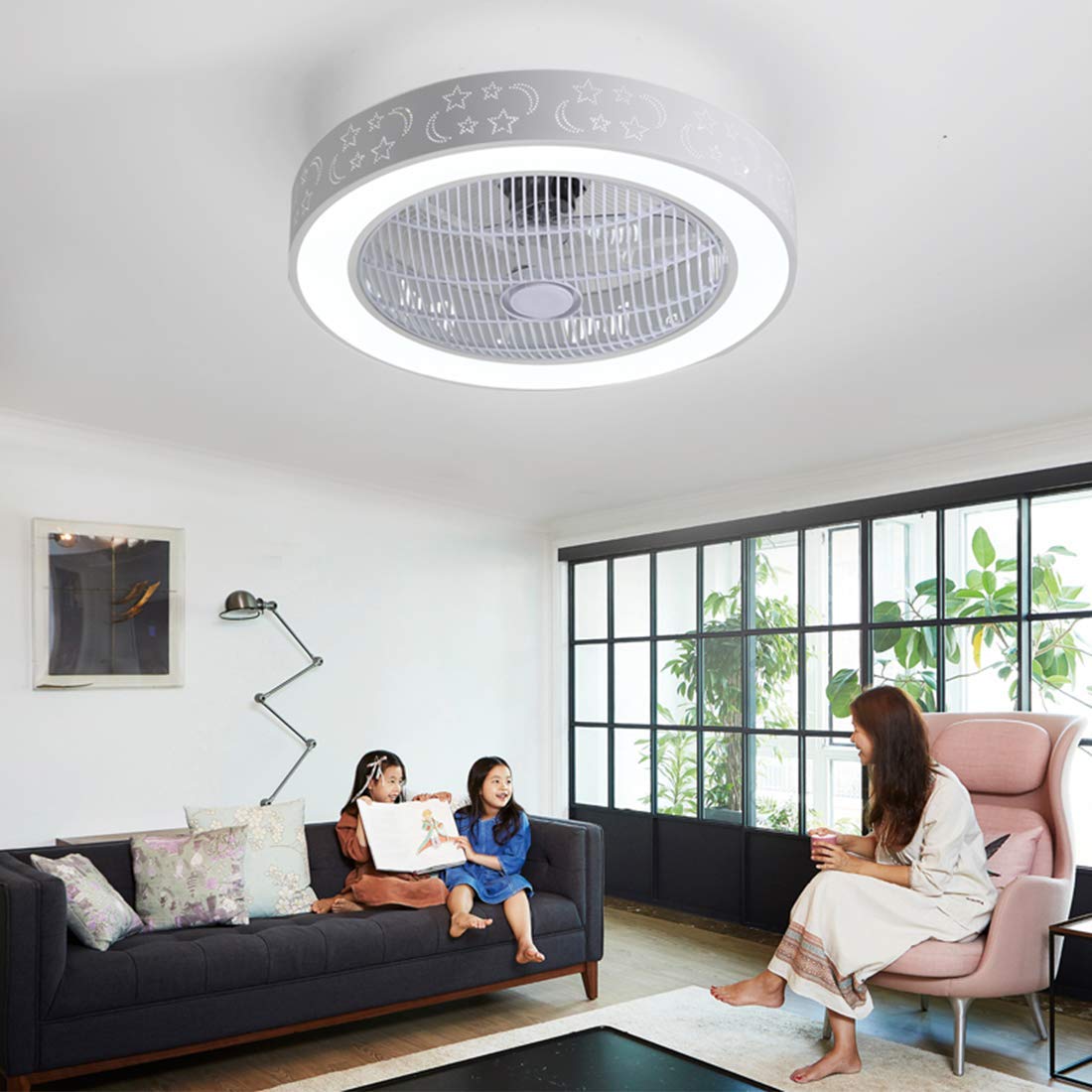 SWTC 37W LED Ceiling Fans Modern Ceiling Light with Fan, Flush Mount, Remote Control Fan Light Nordic Invisible Ceiling Fan for Restaurant Children's Room Bedroom Living Room