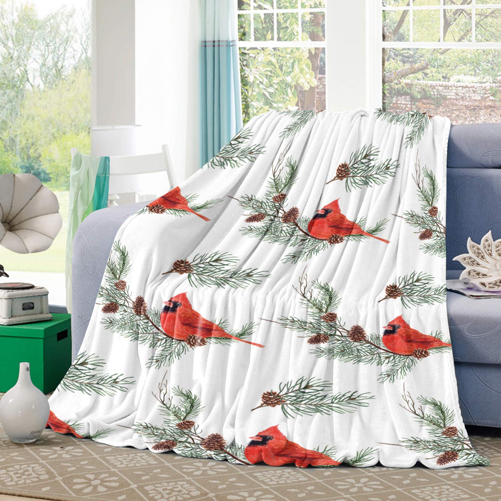 SUN-Shine Christmas Cardinal Throw Blankets, Cardinal Birds with Pine Cones Leaves Fuzzy Flannel Fleece Throws Luxury Super Soft Cozy Warm Blanket for Couch Sofa Bed Chair