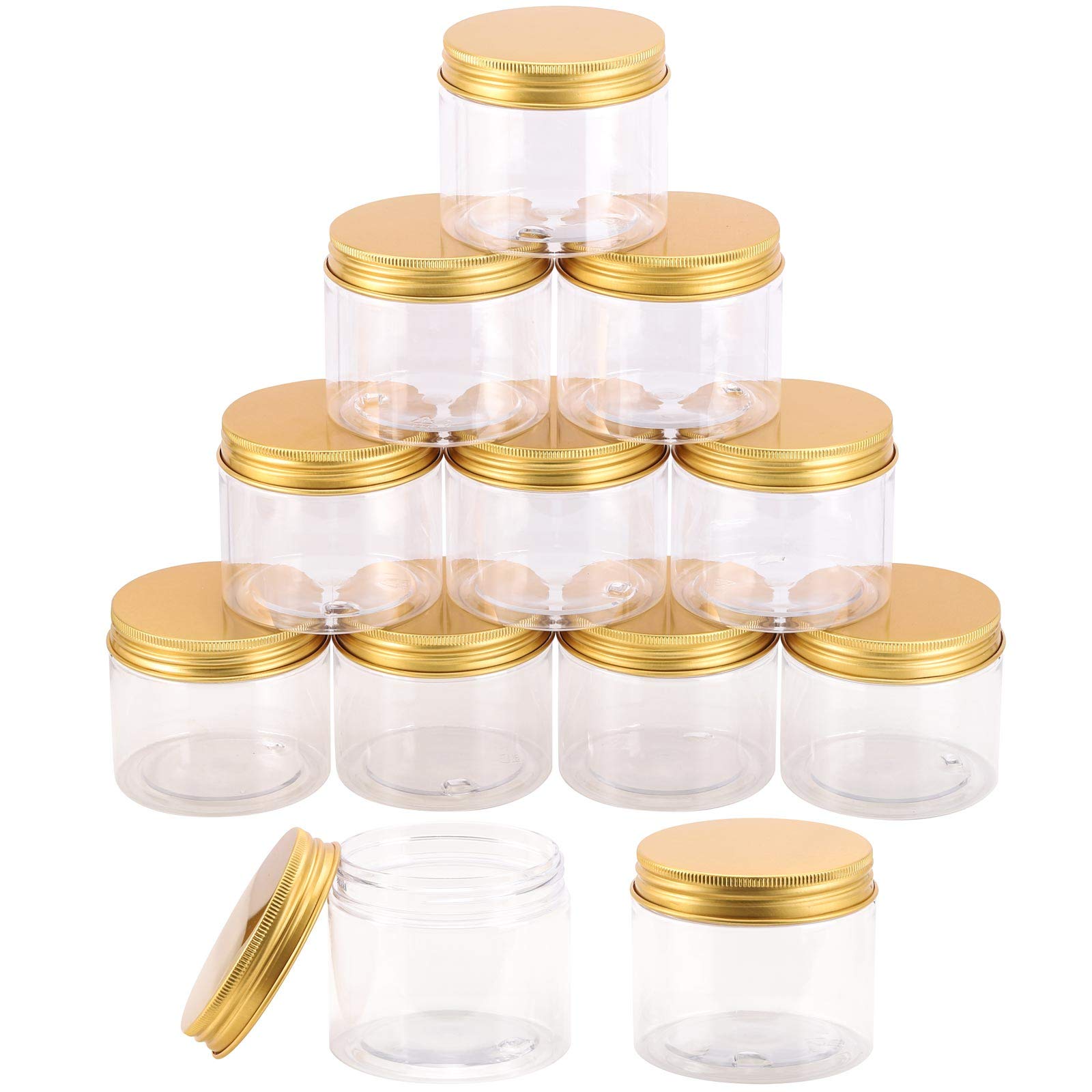 Tecbeauty 12-Pack 280ml Clear Plastic Slime Jars with Lids, Refillable Empty Round Containers for Cosmetics, Lotions, Gold