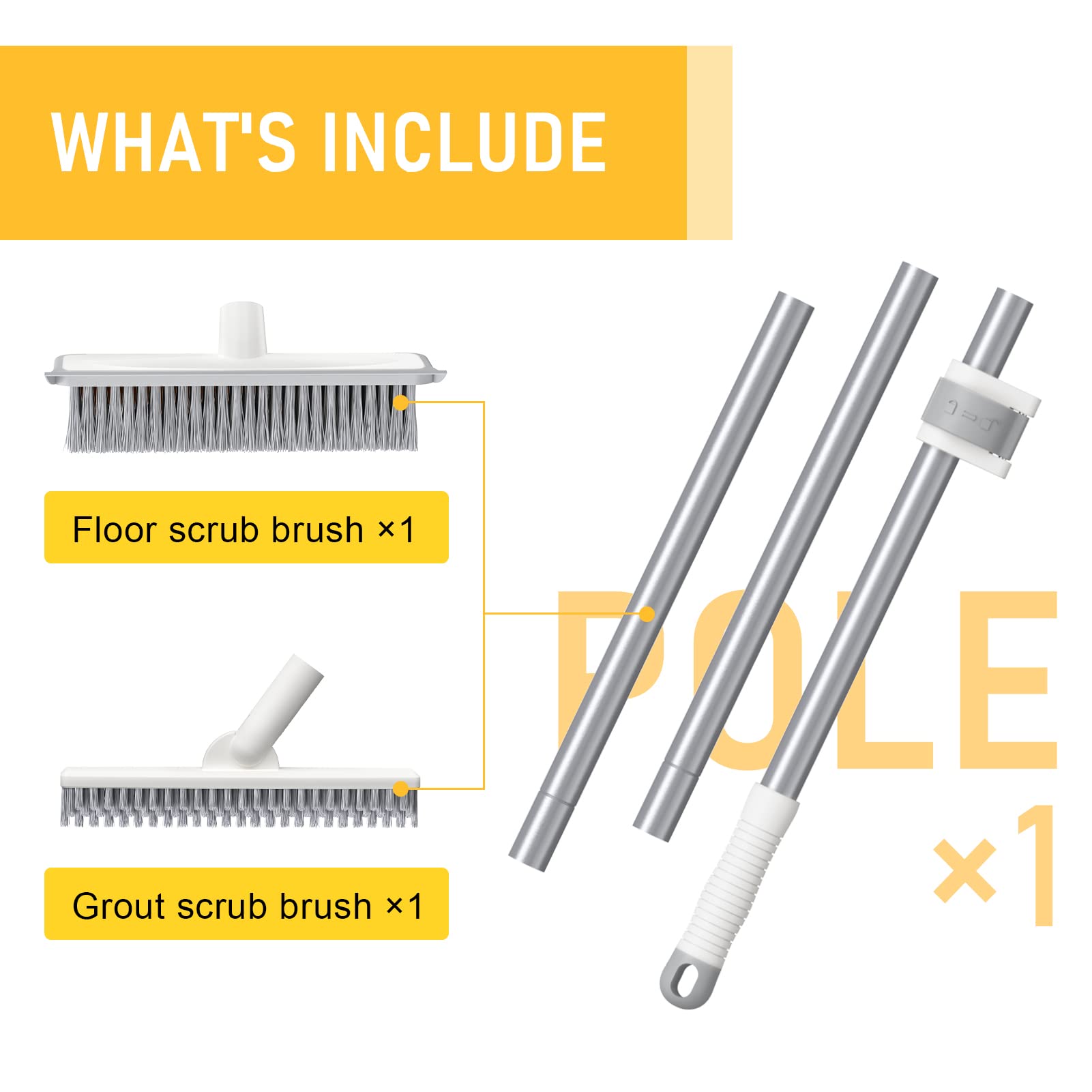 Sunally Floor Scrub Brush and Grout Scrub Brush Combo Kit with 57" Long Handle, 2 in 1 Scrape Brush Stiff Bristle, Shower Floor Scrubber, Deep Cleaning Brush Set for Multiple Scenes, Grey White