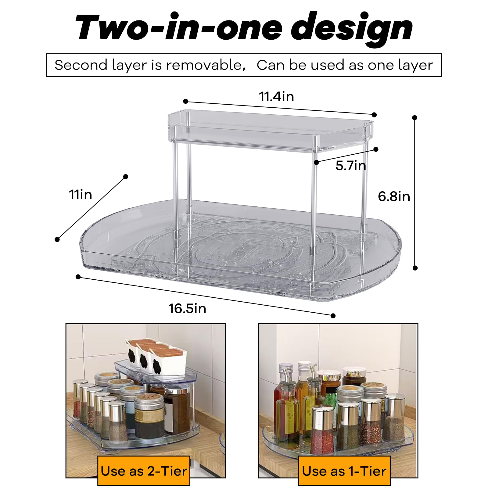 YZHDUXIU 2-Tiers 360 Rotating Lazy Susan Turntable Organizer for Refrigerator, Rectangular Transparent Fridge Organizers and Storage, Large Capacity Lazy Susans for Refrigerator Cabinet, Countertop