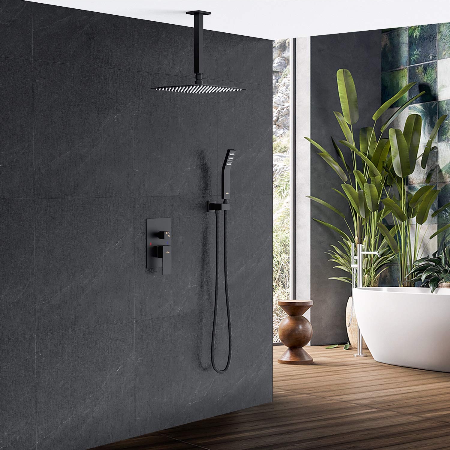 SunCleanse Rainfall shower faucet set Matte Black Shower Combo Set for Bathroom with High Pressure 10 inch shower head with handheld shower valves shower head and handheld Ceiling Mounted