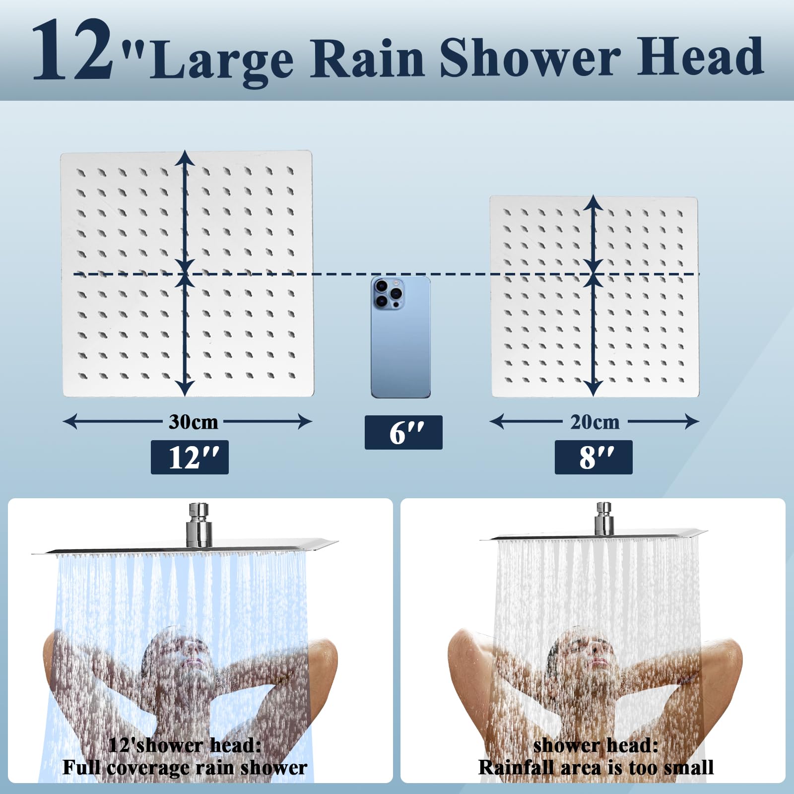Psylc 12 Inch (All Metal) Rain/Rainfall Shower Head With Handheld Spray, High-Pressure Dual Shower Head Combo With Adjustable Extension Arm, 3-Way Diverter - Height/Angle Adjustable(Polished Chrome)
