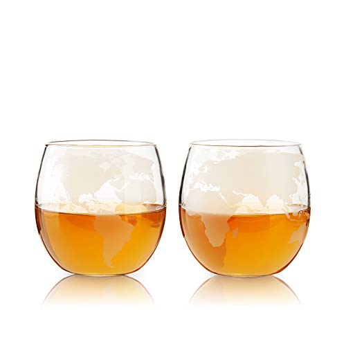 Viski Globe Glass Whiskey Tumblers, Etched Glass Whiskey Enthusiast Gift and Glassware Accessory, 12 oz, Set of 2