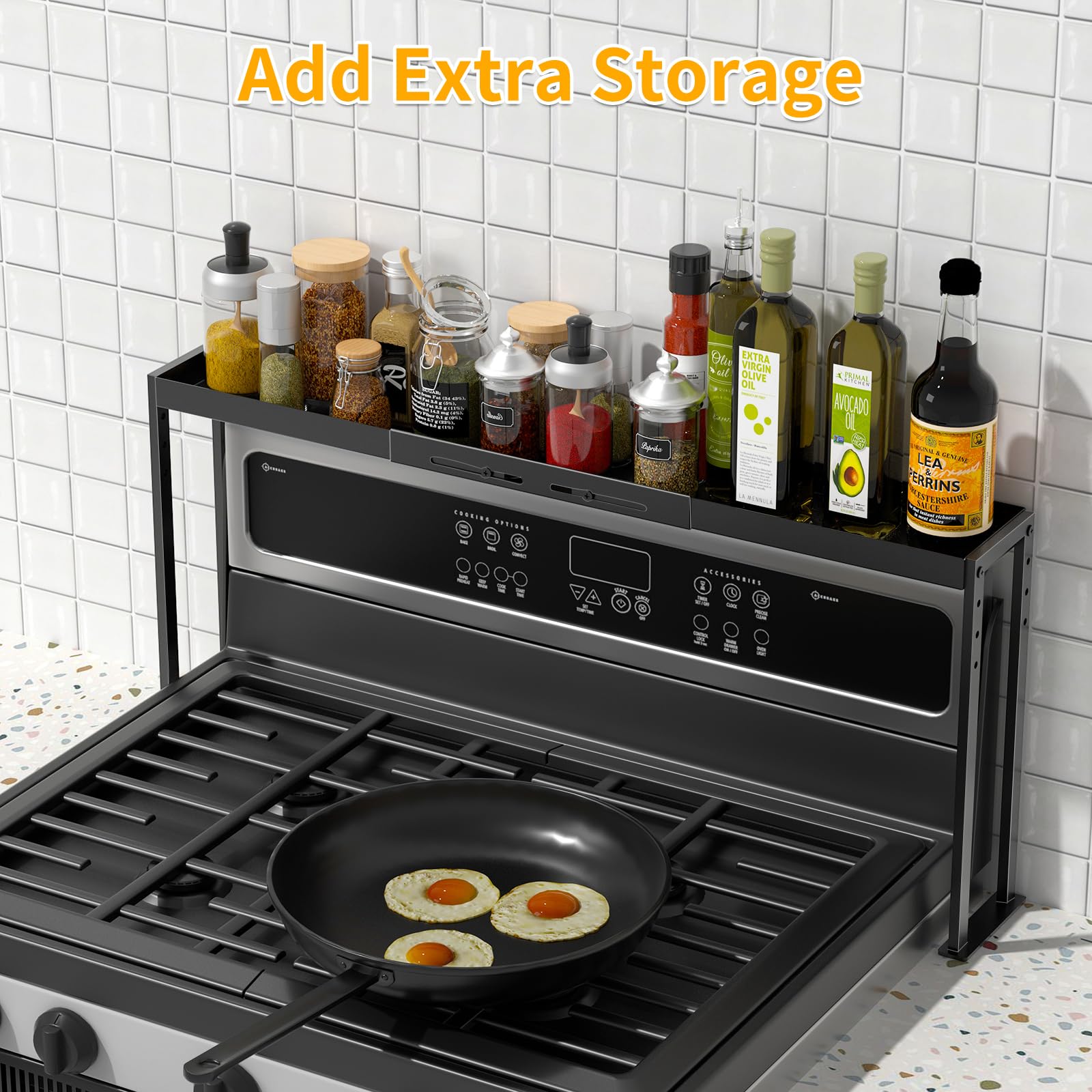 ZDDLOINP Spice Rack Shelf for Kitchen Stove, Adjustable 27 to 33 Inch Spice Rack Organizer Shelf, 4 Level Adjustable Height Spice Rack for Kitchen, Over the Stove Spice Shelf for Countertop, Black