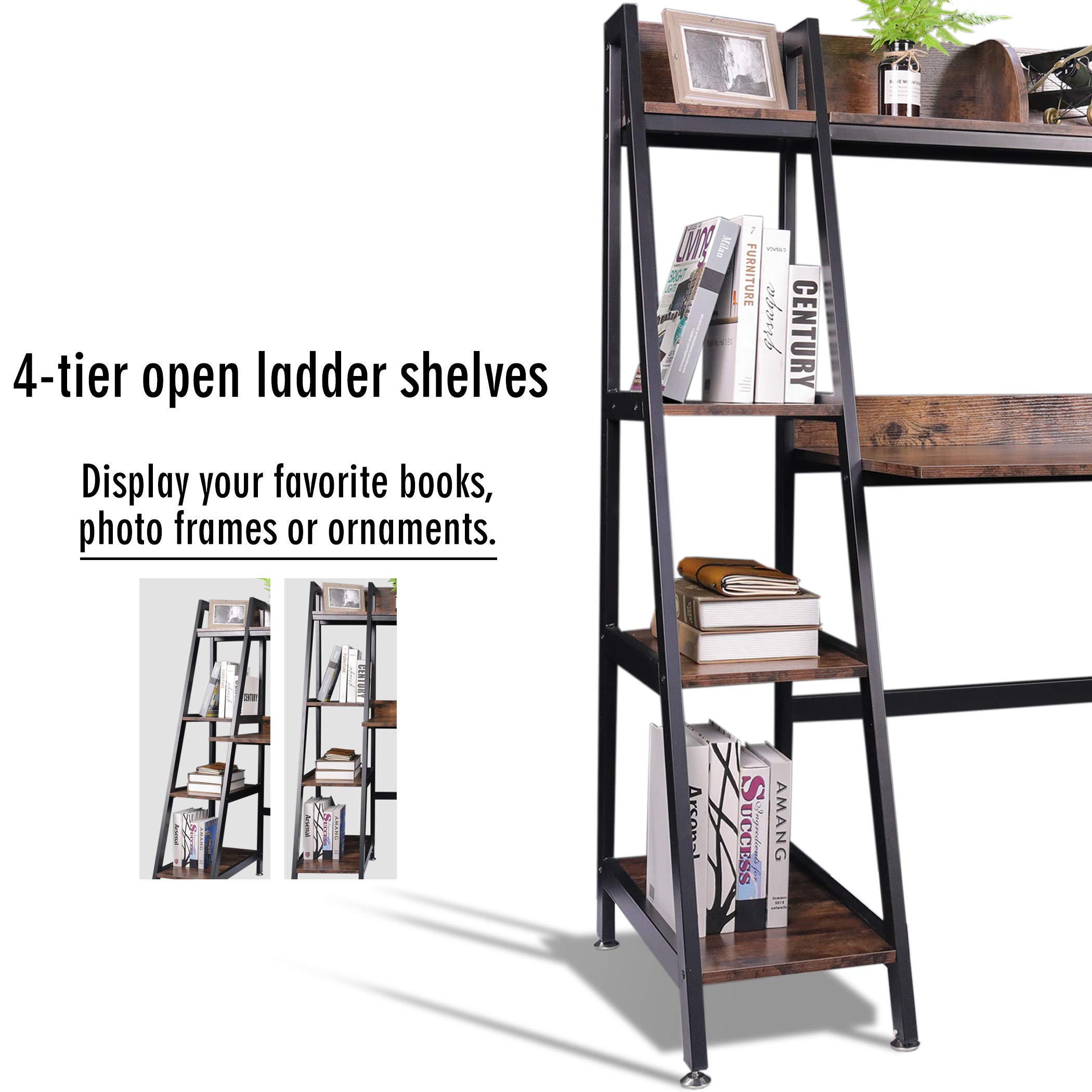 Tektalk Computer Desk with 4 Ladder Shelf Top Shelf Bookshelf Workstation Steel Frame Retro Writing Desk Study Laptop Table for Home&Office β Rustic Brown