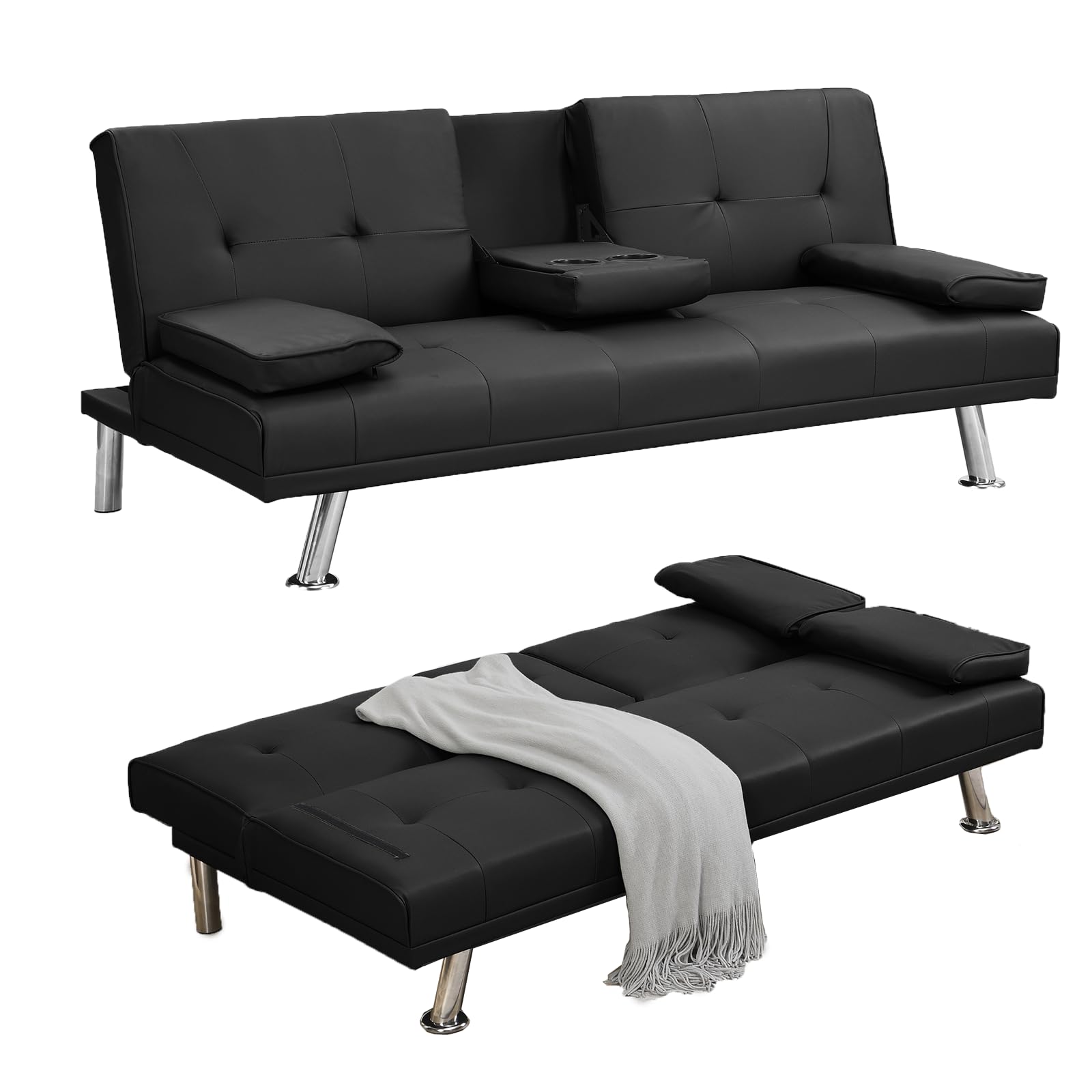 PU Leather Futon Sofa Bed Convertible Upholstered Modern Sofa Sleeper Couch with Detachable Armrests 2 Cup Holders Stainless Steel Legs Black, Suitable for Compact Living Spaces, Apartments