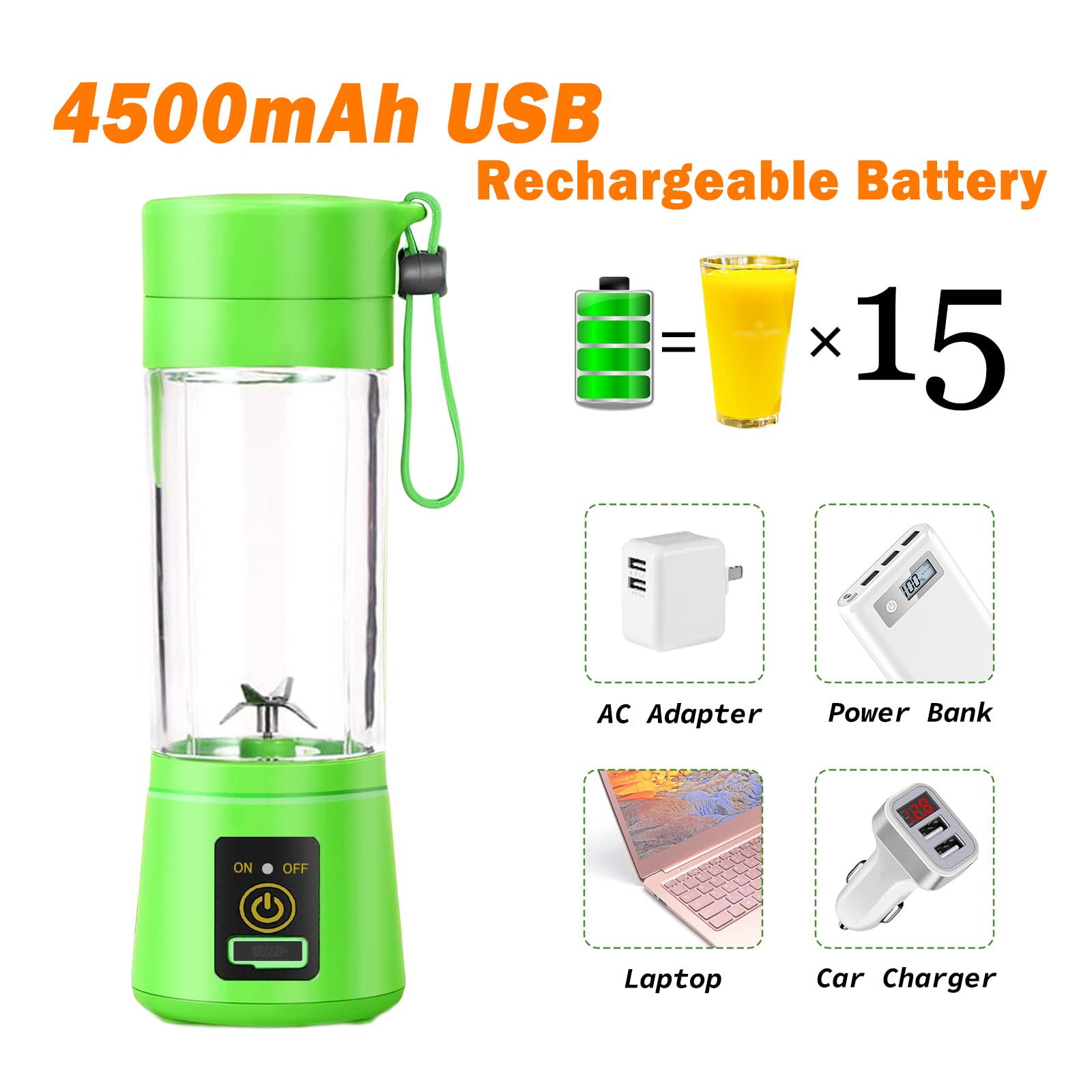 Thaivee Portable Blenders,Personal Size Blender Smoothies and Shakes, USB Rchargeable Juicer Cup with Six Blades in 3D, Handheld Blender Sports,Travel and Home(Green)