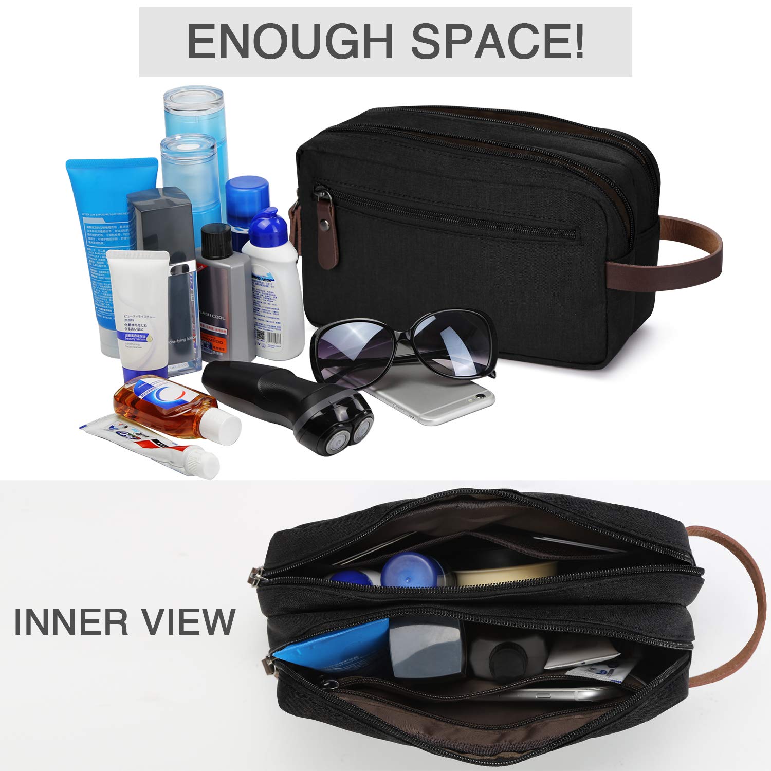 TOUPONS Men's Travel Toiletry Organizer Bag Water-resistant Shaving Dopp Kit Bathroom Bag (Black Water-resistant)