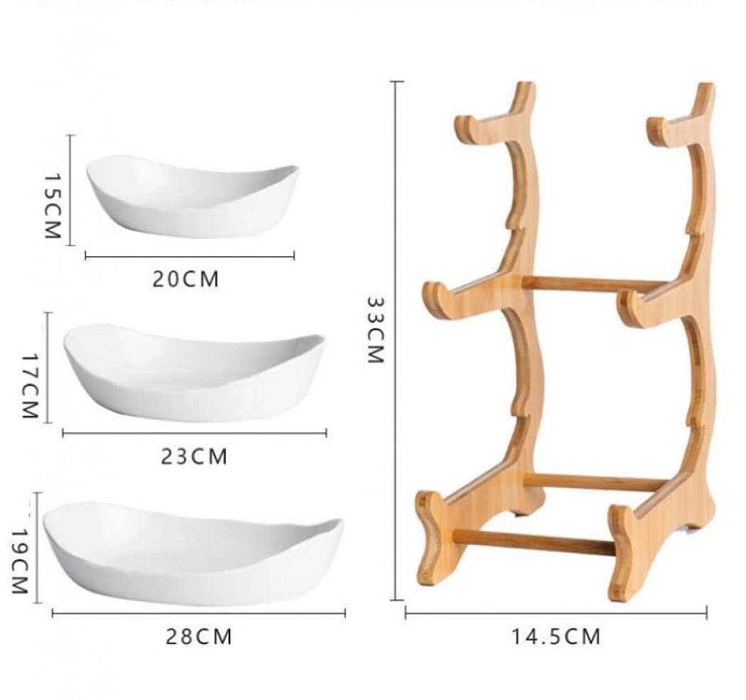 XUDREZ 3 Tier Fruit Basket for Kitchen Counter, 11"*8.6"*13" Ceramic Fruit Bowl for Kitchen Counter, Large Capacity Fruit Bowl Set with Holder, Bamboo Fruit Serving Tray (Porcelain)