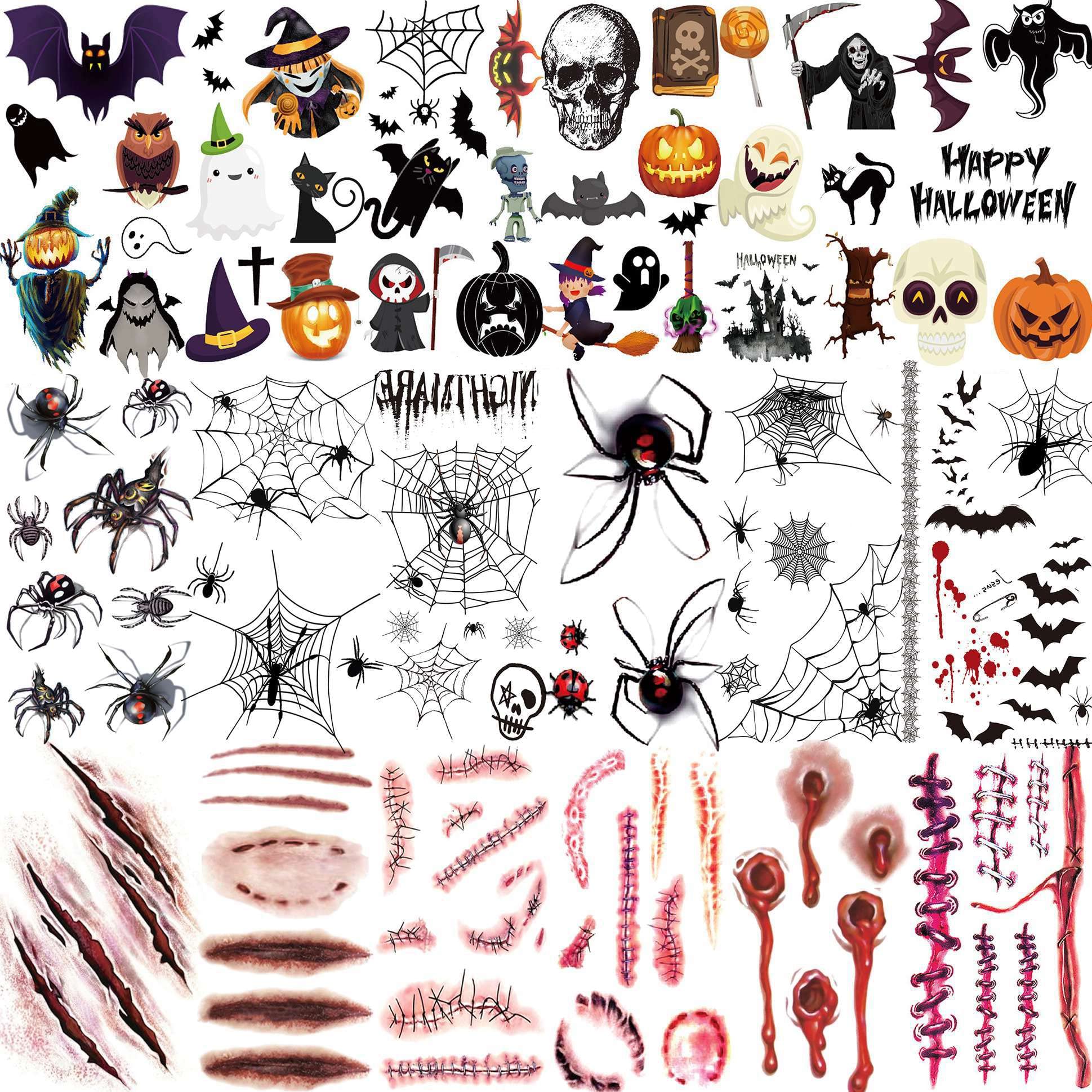 Yezunir 88+ Styles 18 Sheets 3D Halloween Temporary Tattoos For Kids Realistic Spider Web Bat Witch Pumpkin Fake Scars Tattoos Sticker Zombie Halloween Makeup Kit Women Men Adults Face Stitches Wound