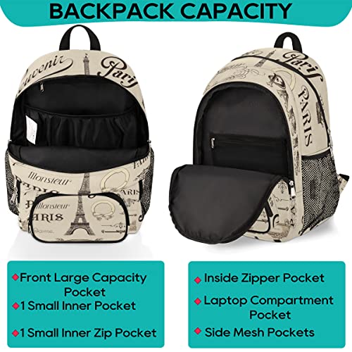 Vintage Paris Eiffel Tower School Backpack, College School Bags Lightweight Laptop Backpack Bookbag Casual Daypack Rucksack Elementary Preschool Backpack