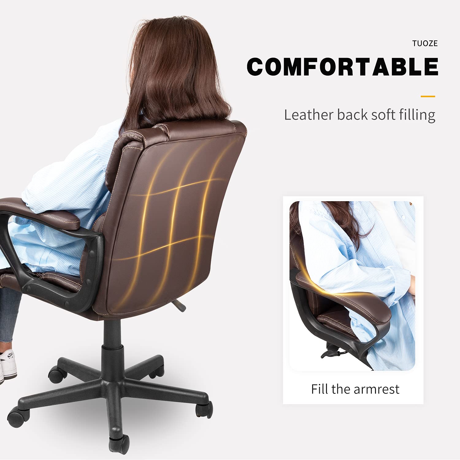 Tozey Executive Office Chair Mid Back Leather Desk Chair Ergonomic Task Chair with Padded Armrests Adjustable Swivel Chair with Lumber Support (Brown)