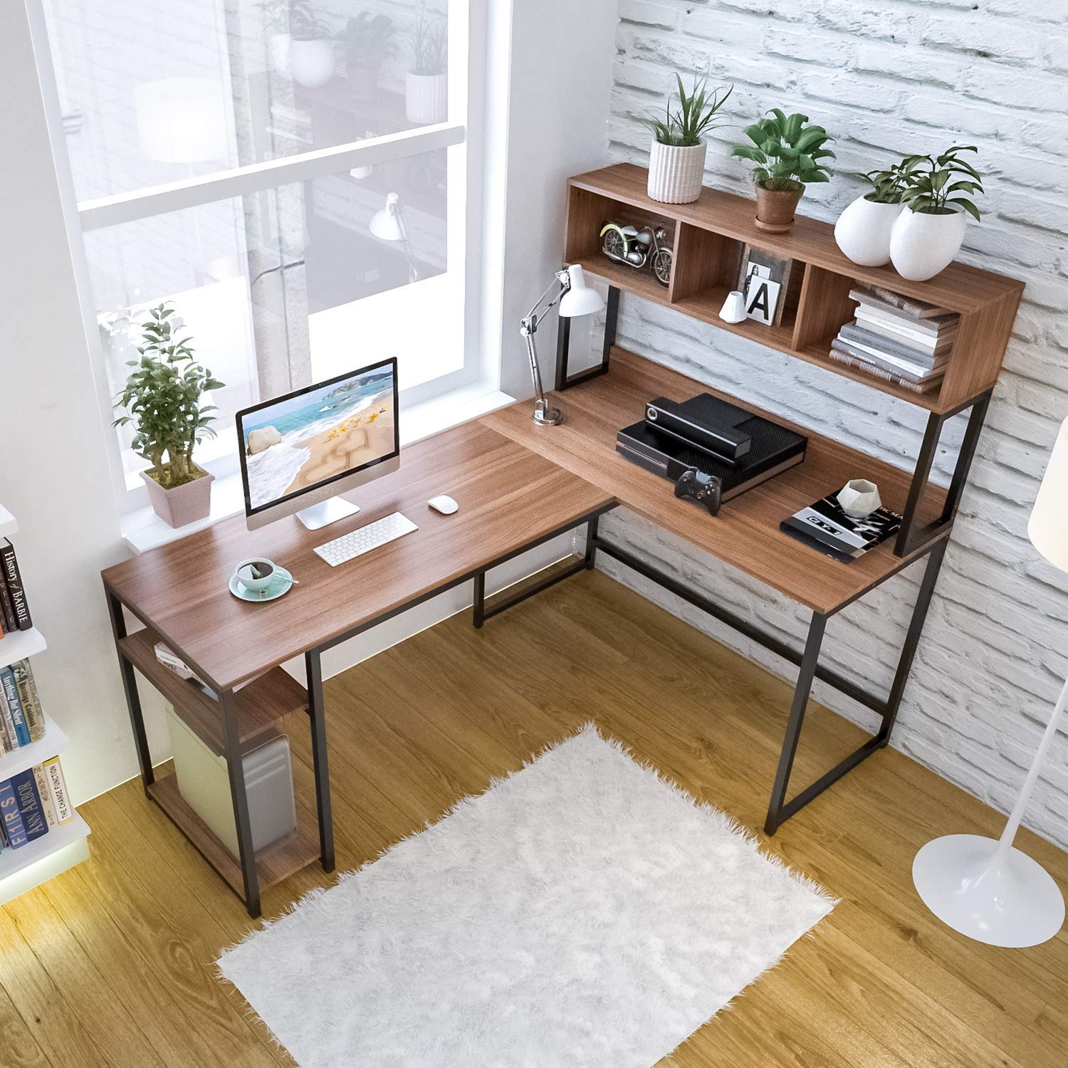 VIPEK L-Shaped Desk with Hutch, 69" Large Computer Desk Gaming Table PC Table Workstation Study Writing Table with Storage Bookshelf, Space Saving Corner Desk for Home Office, Suntalam Walnut