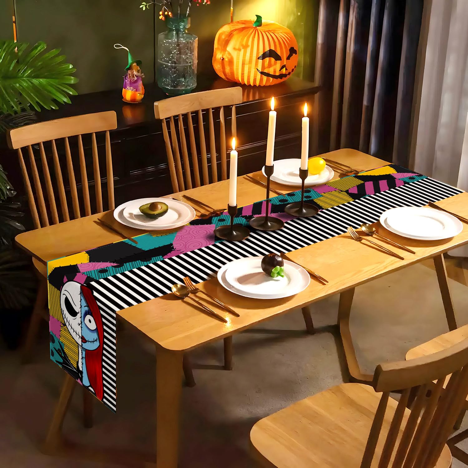 The Nightmare Before Christmas Table Runner Halloween Jack Skellington and Sally Birthday Party Decoration Home Kitchen Dining Room Decor (13" x 72")