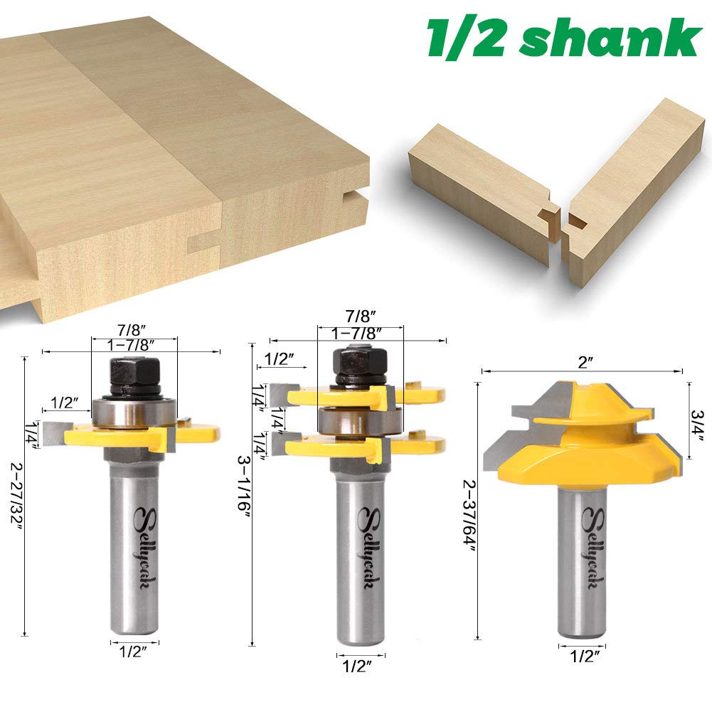 Tongue and Groove Router Bit Tool Set, SellyOak 1/2 Shank Tongue&Grooving Router Bits + 1/2 Shank 45° Lock Miter Router Bit, Wood Milling Cutter Woodworking Tools on Router Table/Base Router etc.